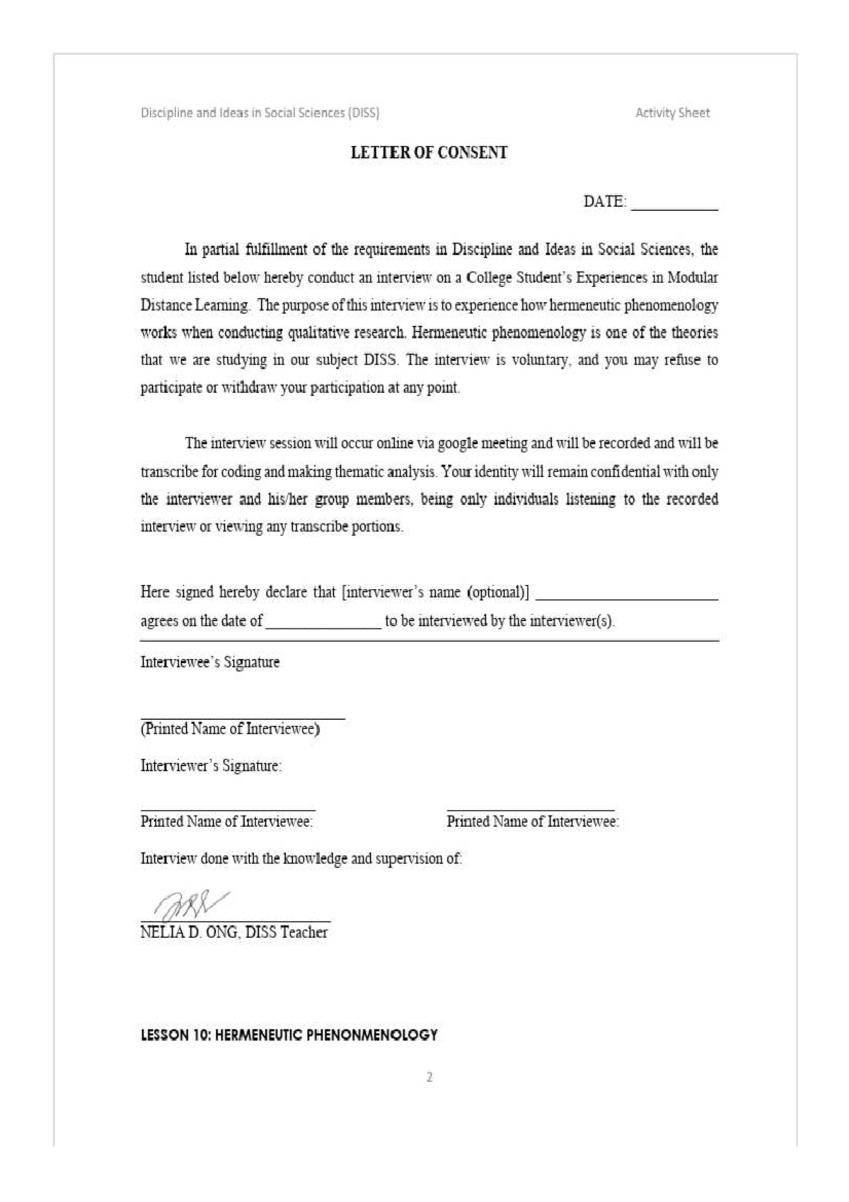 Letter of Consent - Bachelor of Secondary Education - Mathematics - Studocu