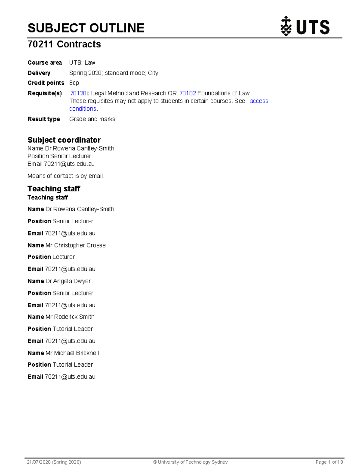 Contract spr-20 outline - SUBJECT OUTLINE 70211 Contracts Subject ...