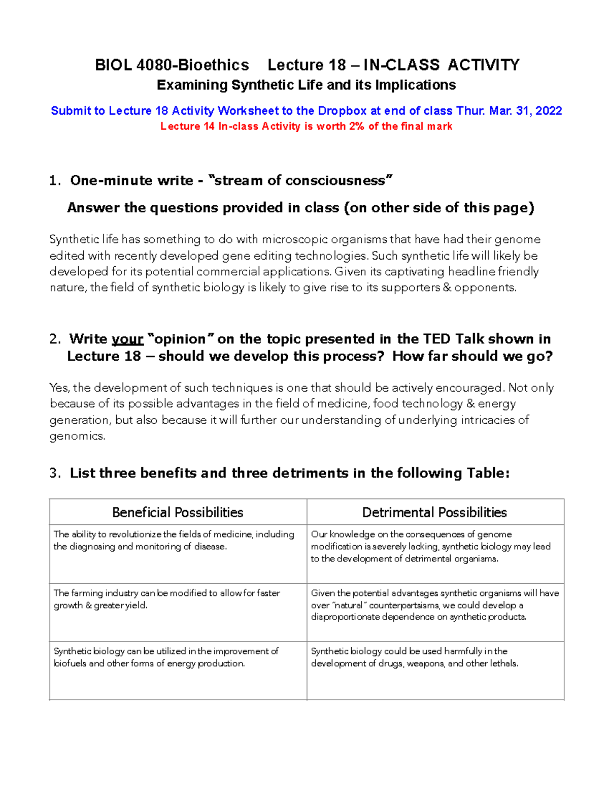 Class Activity 4 - BIOL 4080-Bioethics Lecture 18 – IN-CLASS ACTIVITY ...