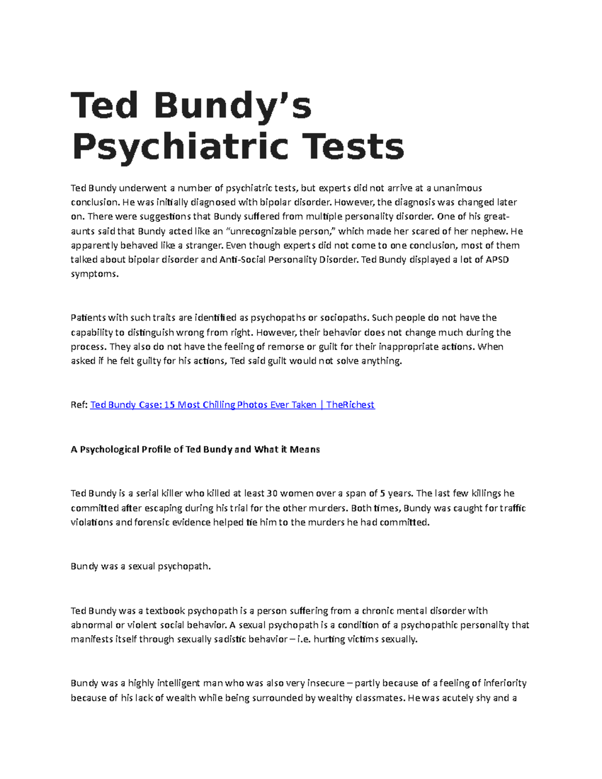 Ted Bundy Pyschological Profile - Ted Bundy’s Psychiatric Tests Ted ...