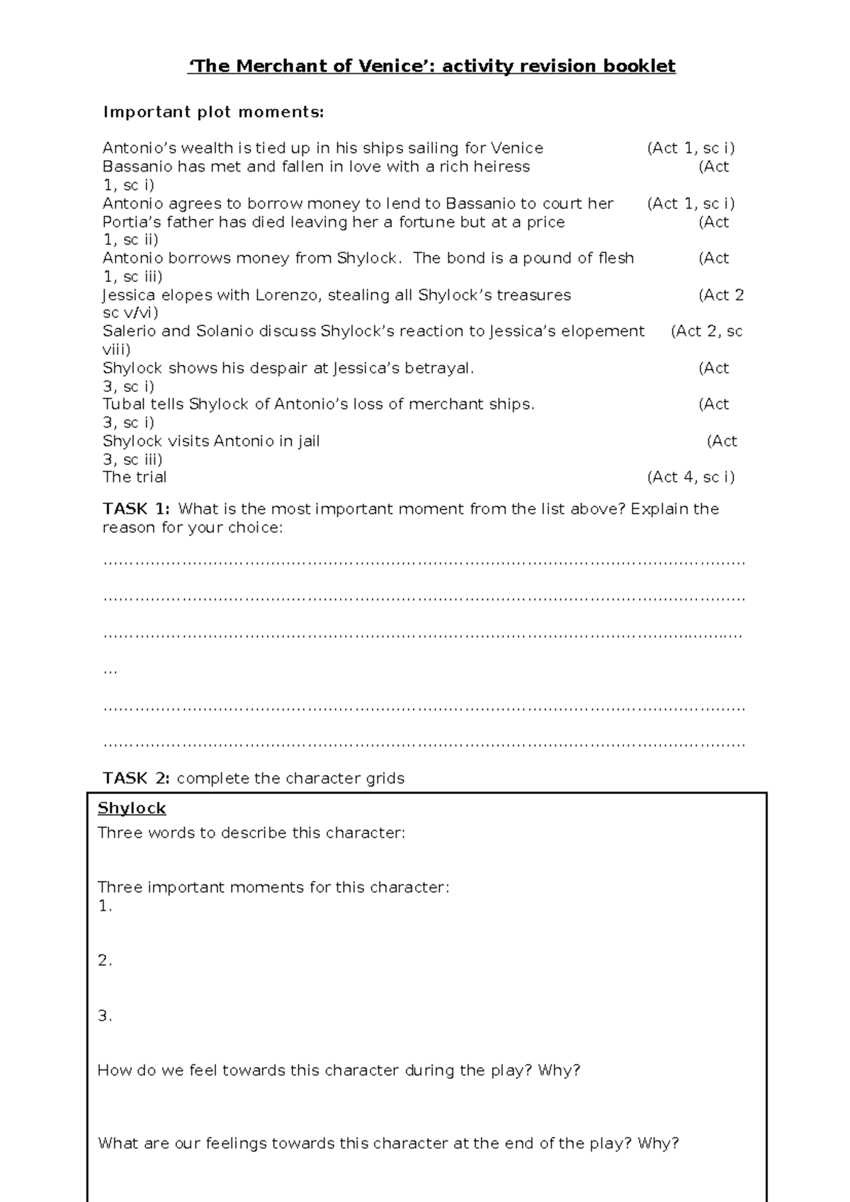 Merchant-of-Venice -revision-activity-booklet 2 - Important plot moments: Antonio’s wealth is ...