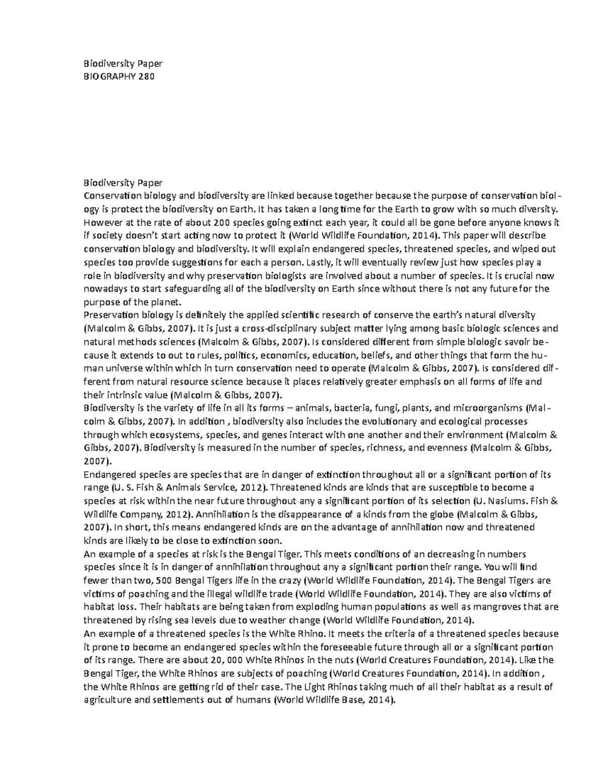 BIO 280 Biodiversity Paper 1 - Biodiversity Paper BIOGRAPHY 280 ...