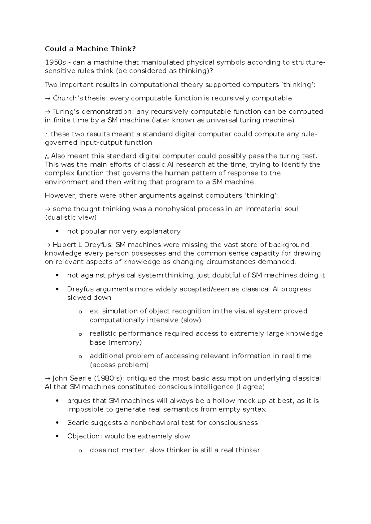 PHIL2008 W4 Tutorial Notes - Could a Machine Think? 1950s - can a ...