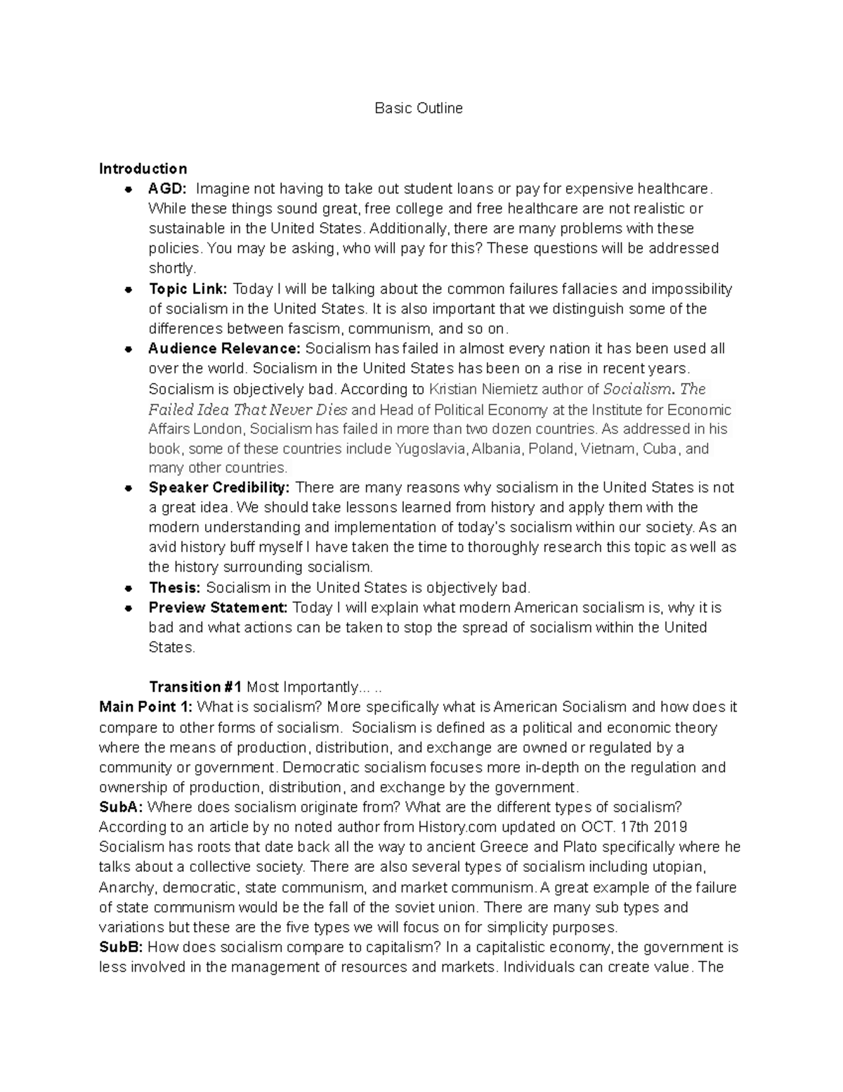 Persuasive speech outline - Basic Outline Introduction AGD: Imagine not ...