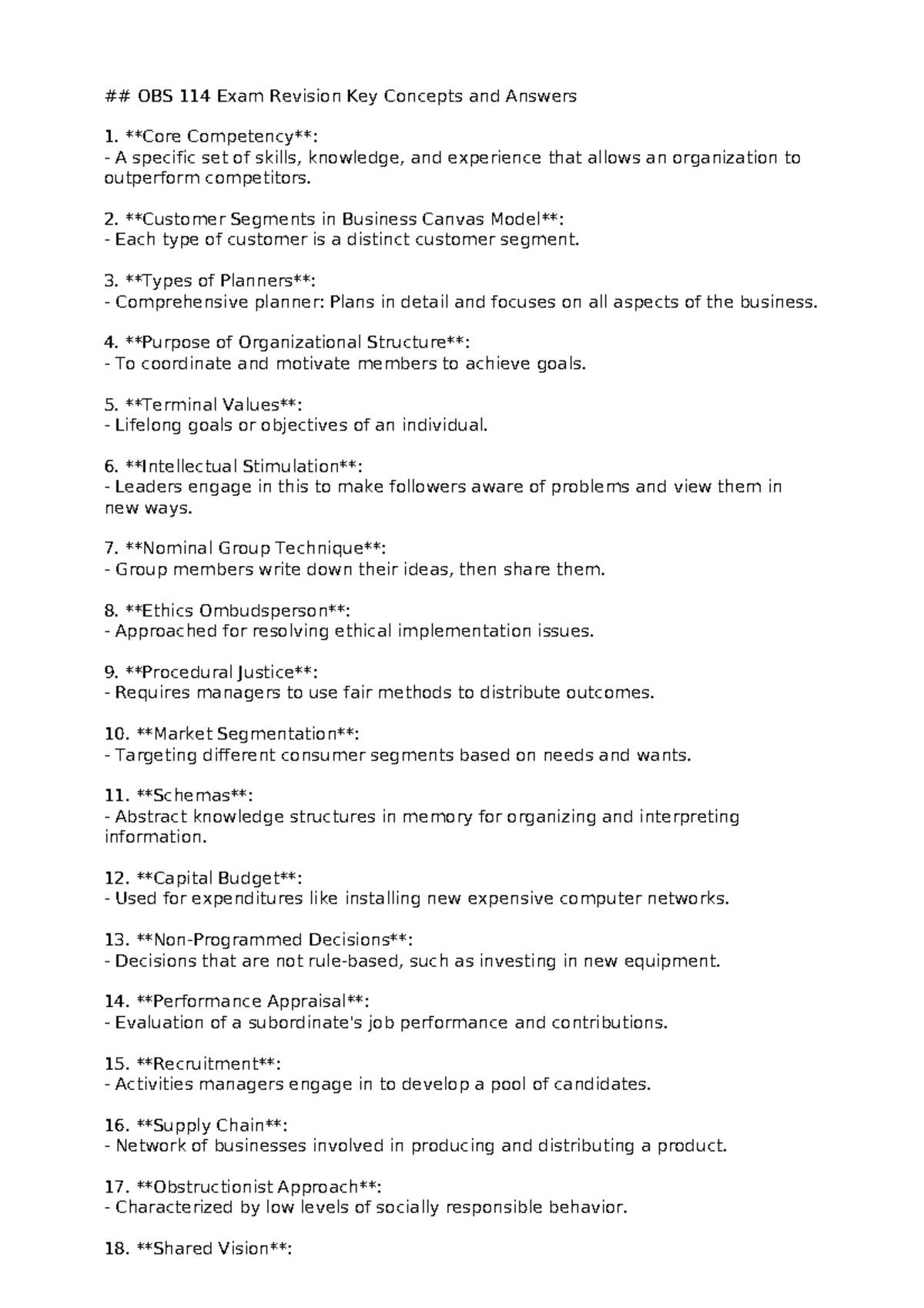 OBS 114 Exam Revision - OBS 114 Exam Revision Key Concepts and Answers ...