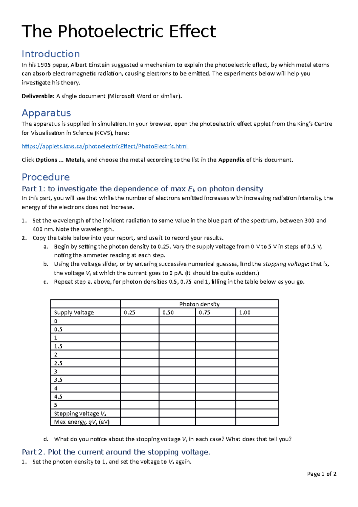 01 photoelectric effect lab sheet 2022-2022 - The Photoelectric Effect ...