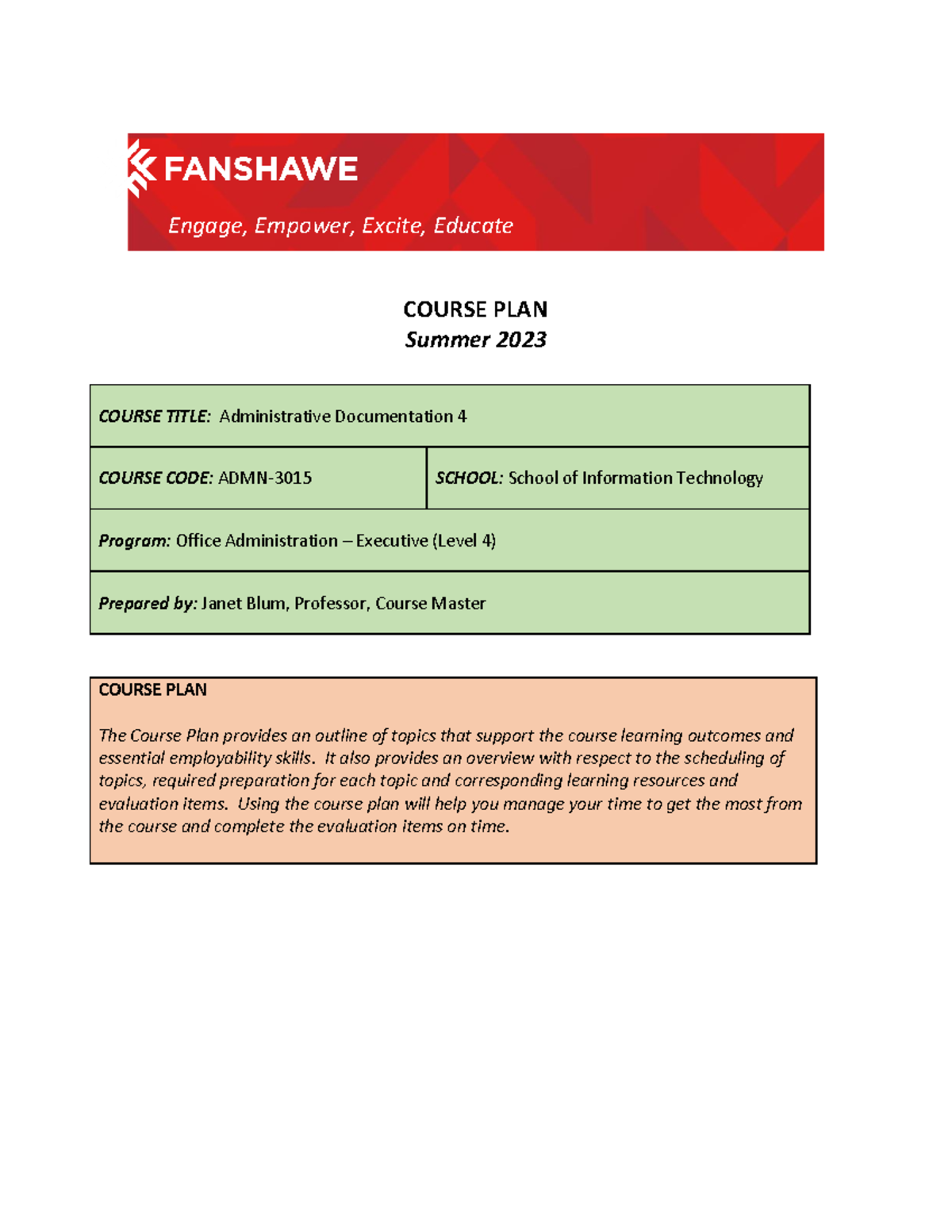 ADMN-3015-CP - ADMN-3015-CP - COURSE PLAN Summer 2023 COURSE TITLE ...