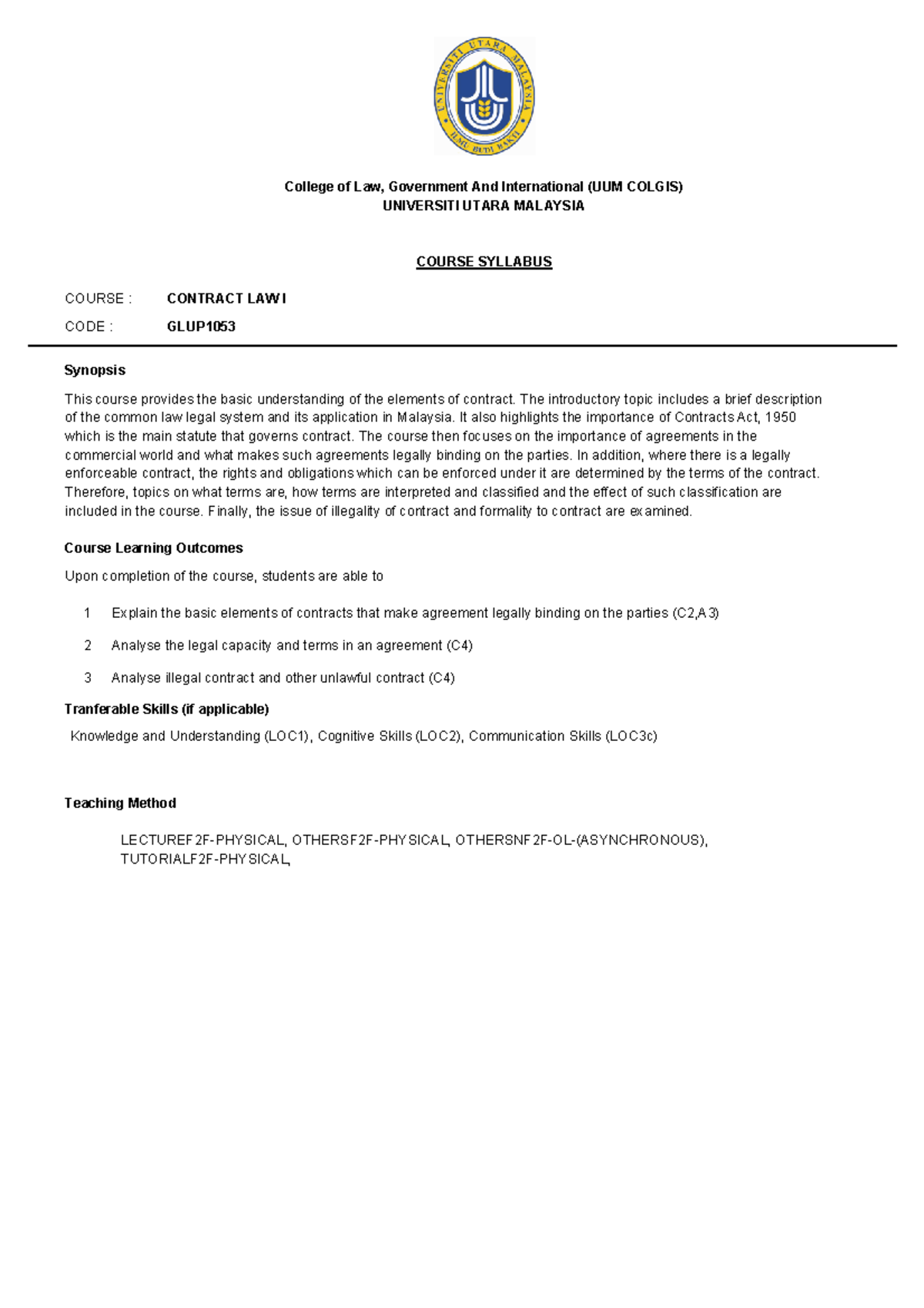 Syllabus Student Preview Contract Law 1 - College of Law, Government ...