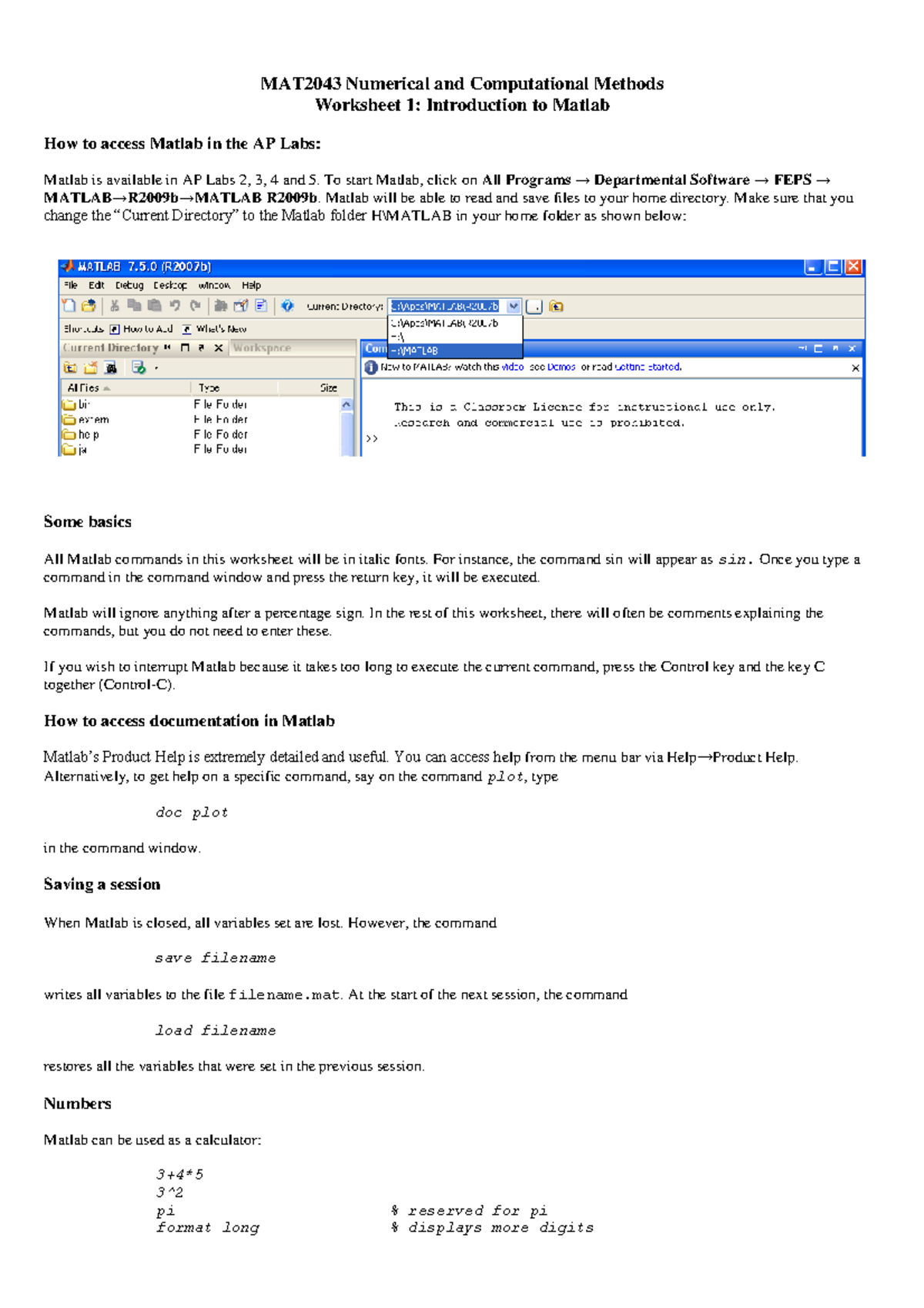 MAT2043 2010 Lab worksheet 1 - MAT2043 Numerical and Computational Methods Worksheet 1 ...