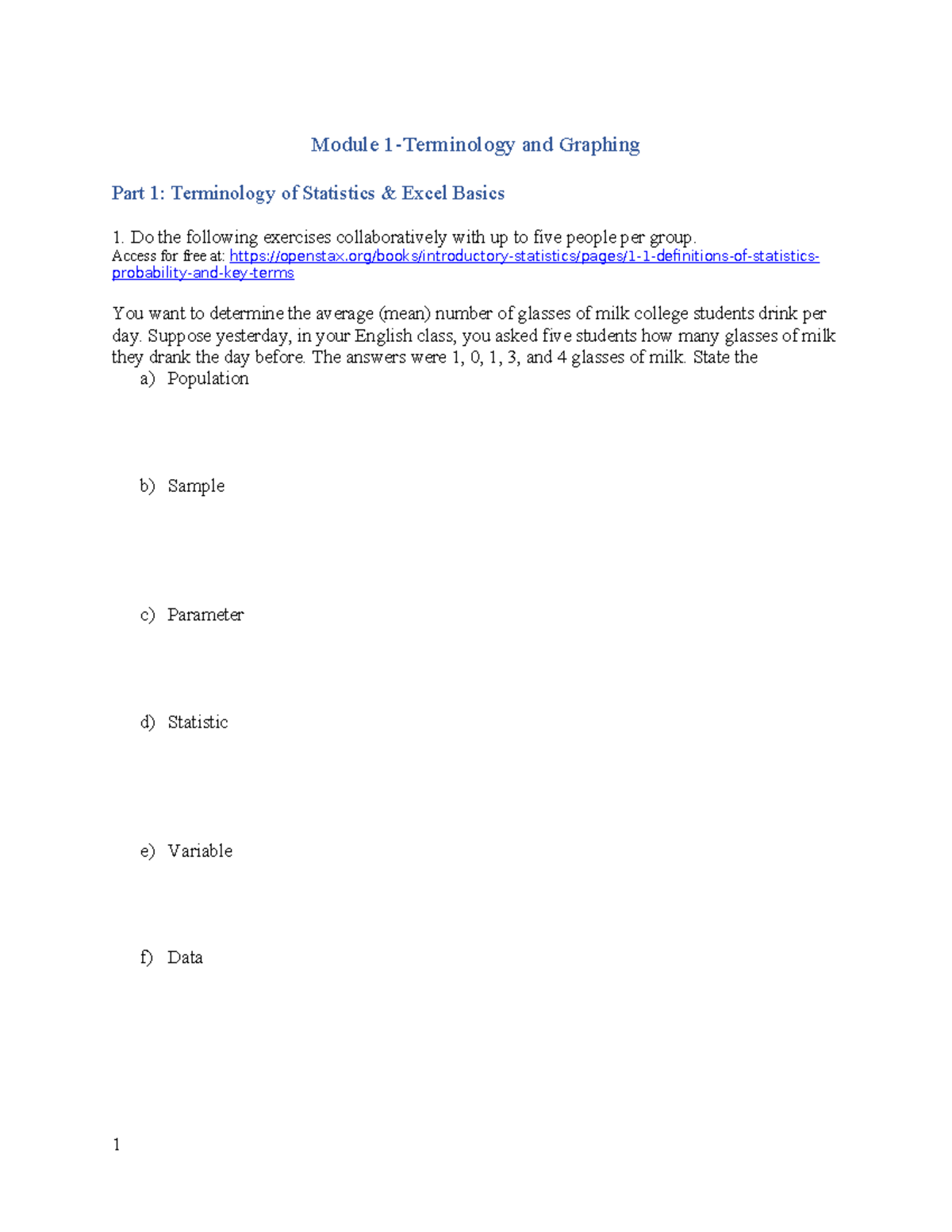 Module 1 Activities-F2F - Module 1-Terminology and Graphing Part 1: Terminology of Statistics ...