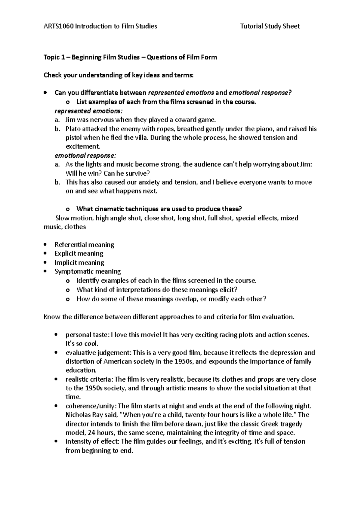 Topic 1 Tutorial Study Sheet - ARTS1060 Introduction to Film Studies ...