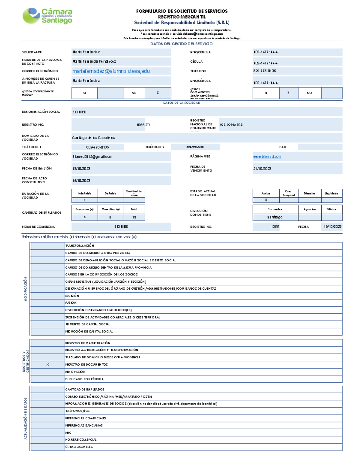 Formulario Industria y Comercio - FORMULARIO DE SOLICITUD DE SERVICIOS ...