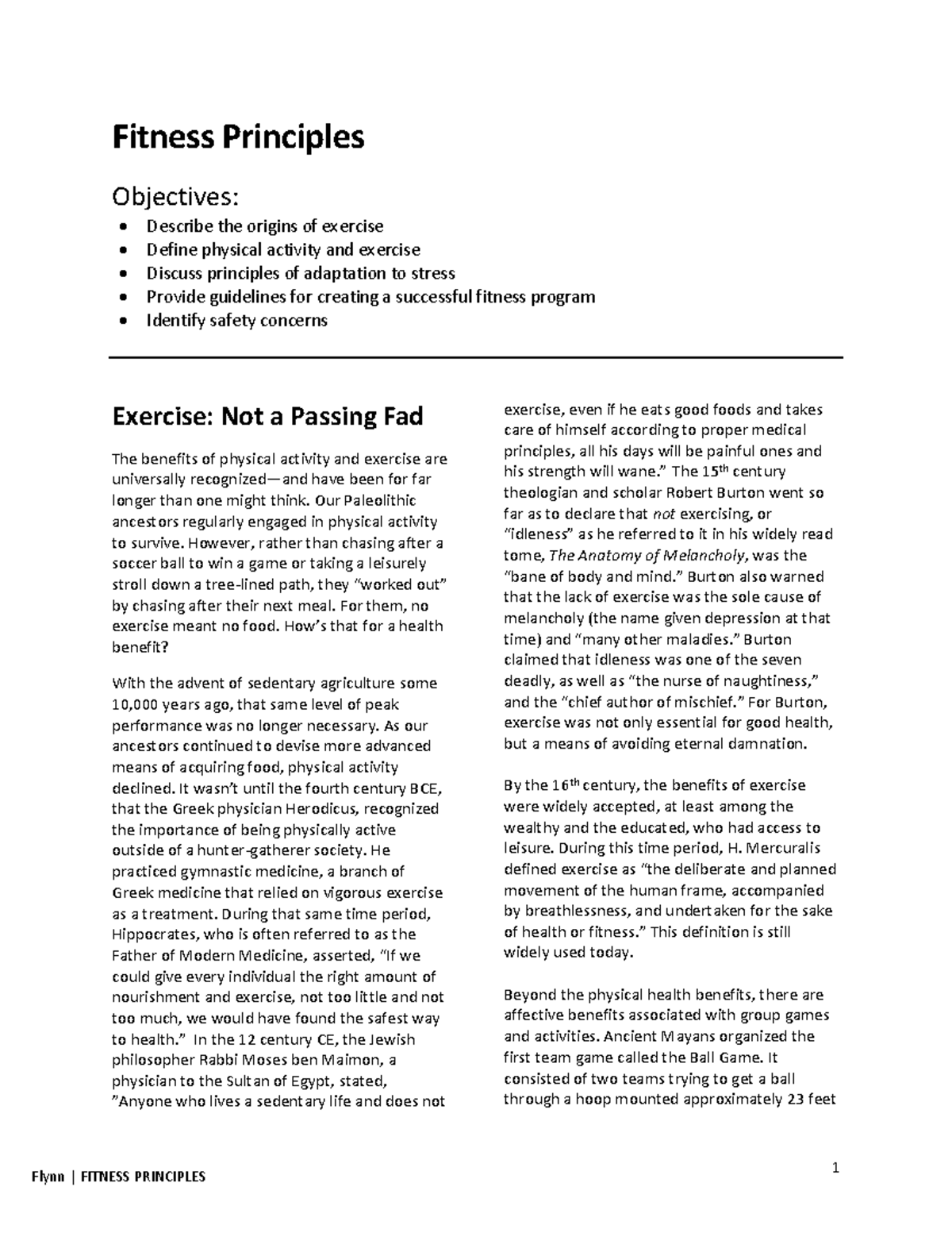 Chapter 2 - Fitness Principles - 1 Fitness Principles Objectives: Describe the origins of ...