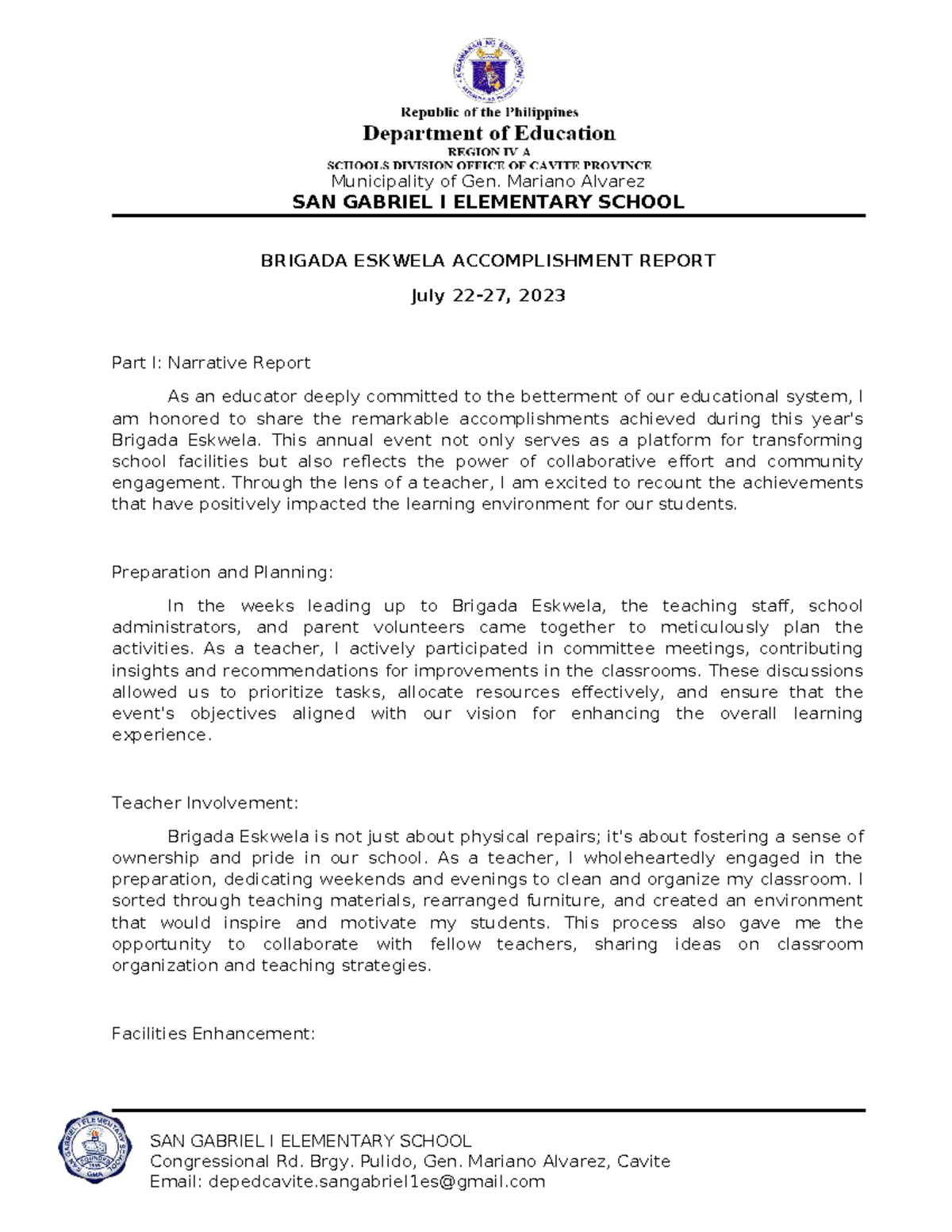 Brigada Accomplishment Report Template 1 - SAN GABRIEL I ELEMENTARY ...