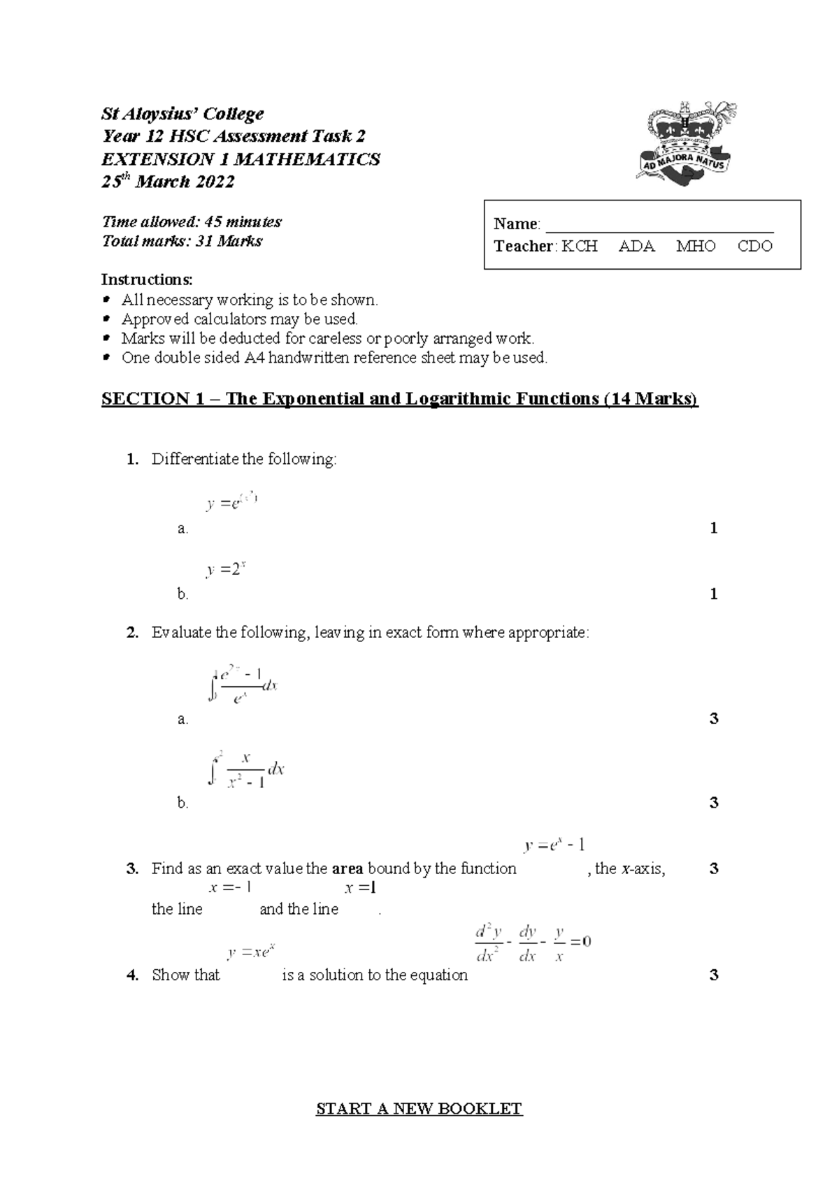 12 Ext1 T1 22 - e1 maths - St Aloysius’ College Year 12 HSC Assessment ...