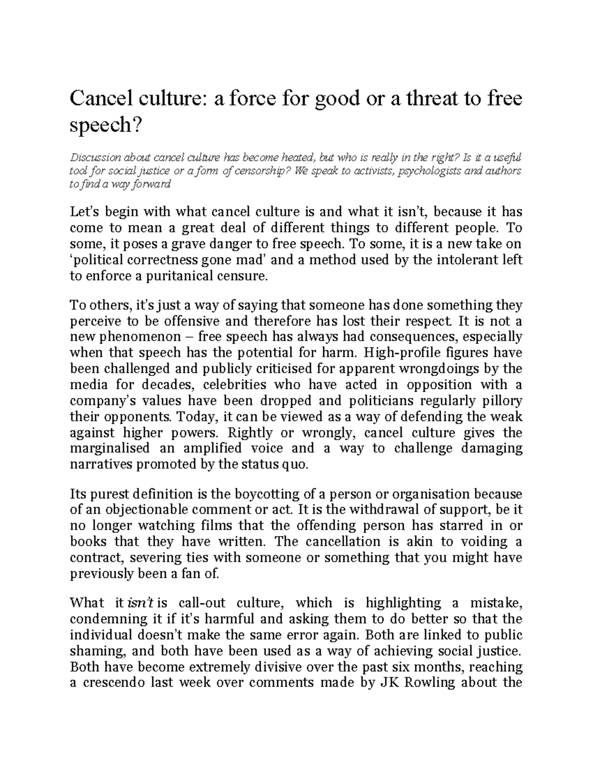 Cancel Culture - elw - Cancel culture: a force for good or a threat to ...