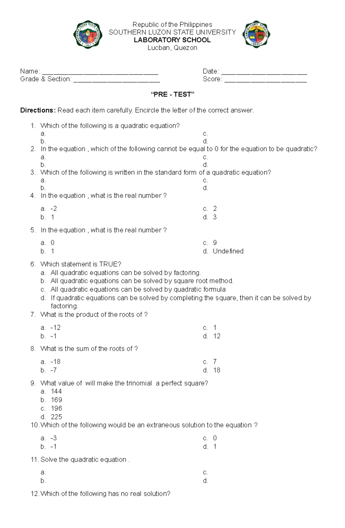 Pre - Test Math 9 - Republic of the Philippines SOUTHERN LUZON STATE ...