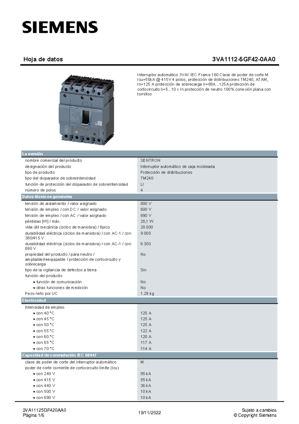 3VA11125 GF420AA0 datasheet es - Hoja de datos 3VA1112-5GF42-0AA Interruptor automático 3VA1 IEC ...