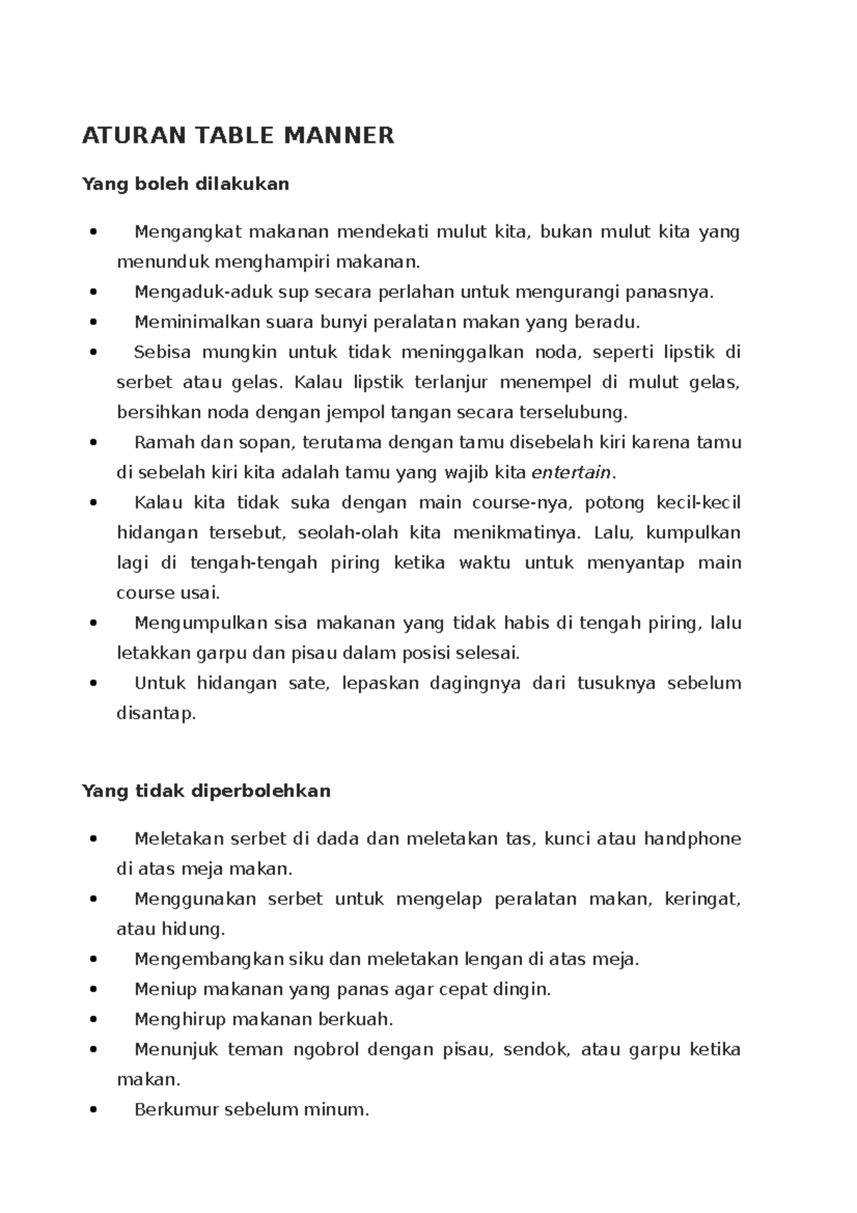 Aturan Table Manner - ATURAN TABLE MANNER Yang boleh dilakukan ...