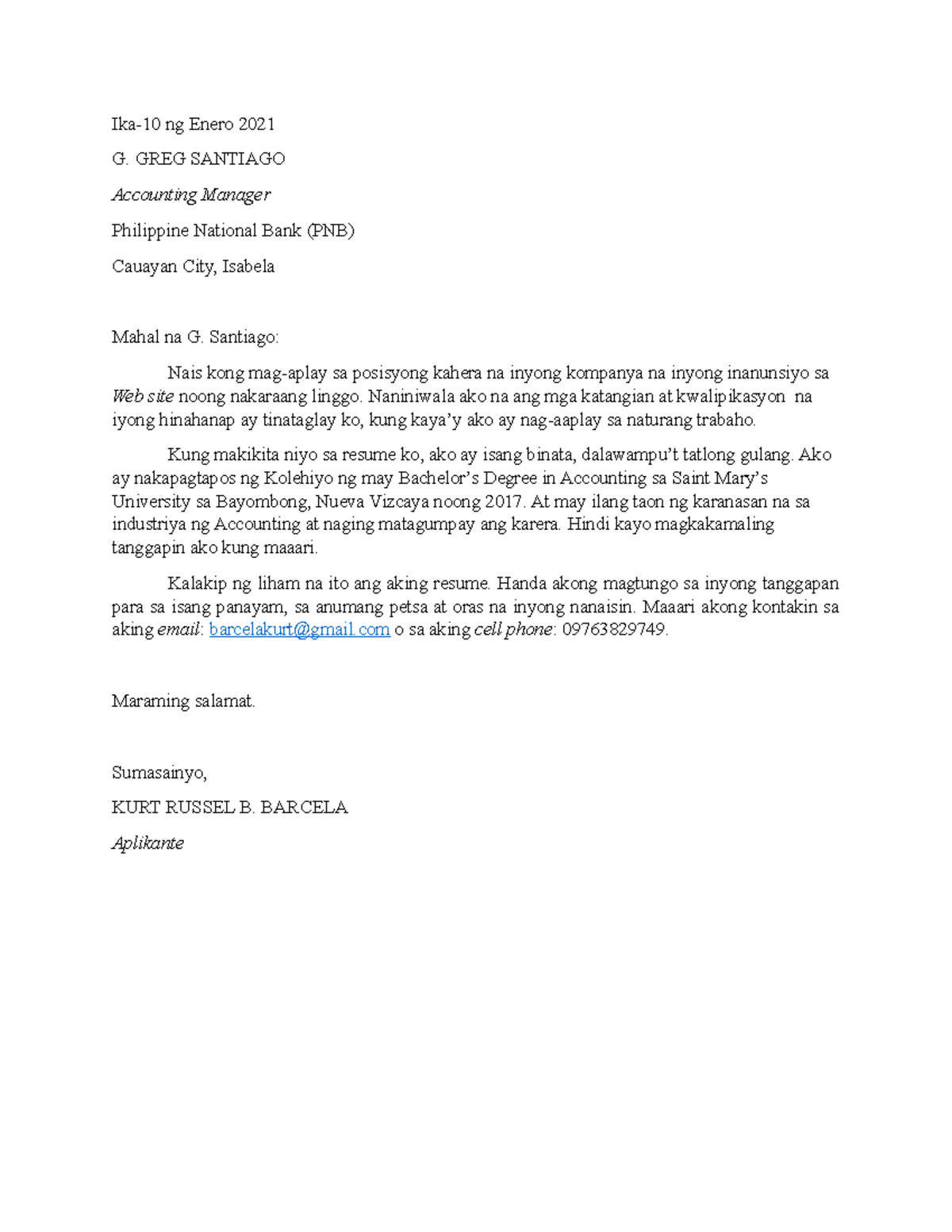Liham applikasyon - Example - Ika-10 ng Enero 2021 G. GREG SANTIAGO ...