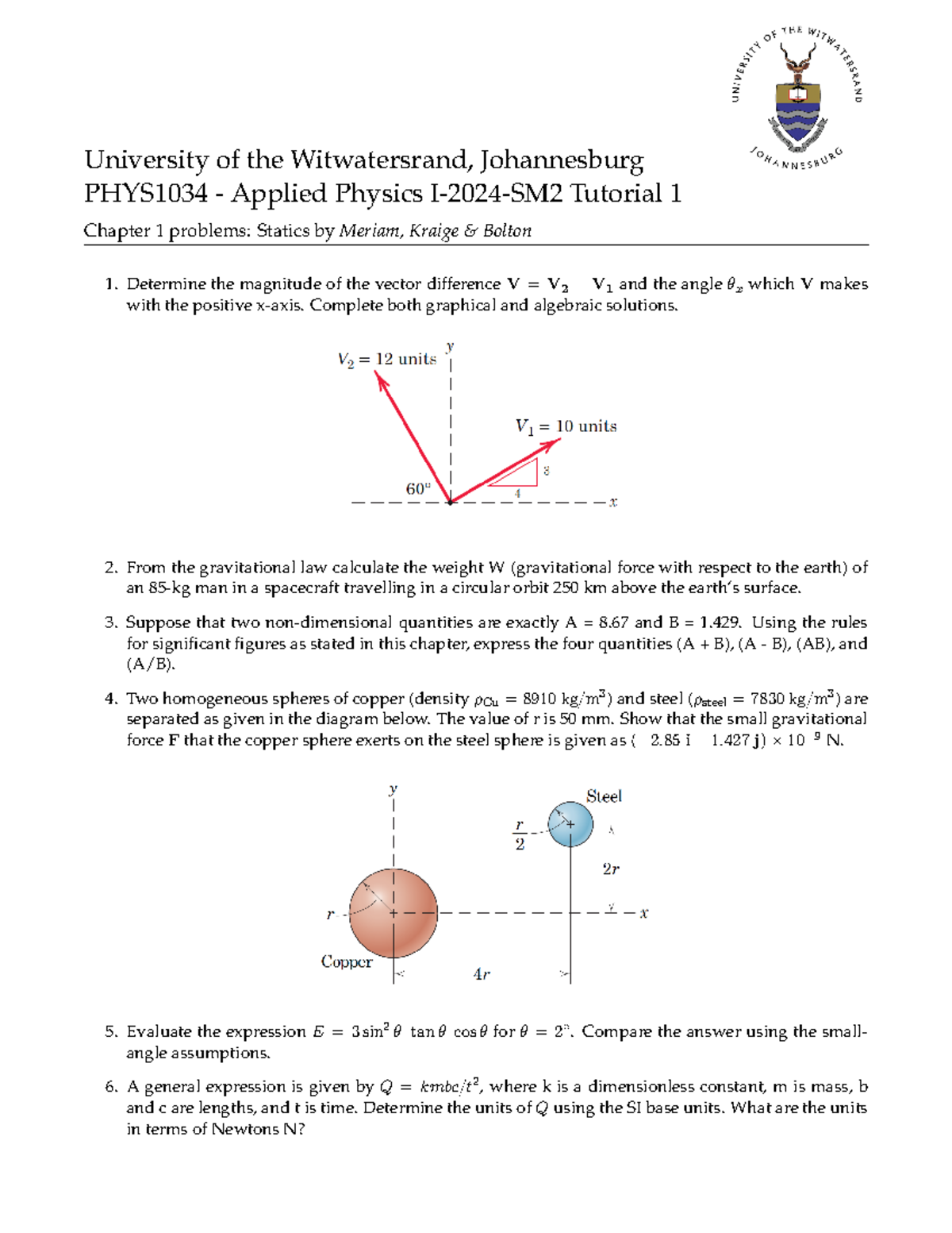 PHYS1034 tutorial 1 2024 - University of the Witwatersrand, Johannesburg PHYS1034 - Applied ...