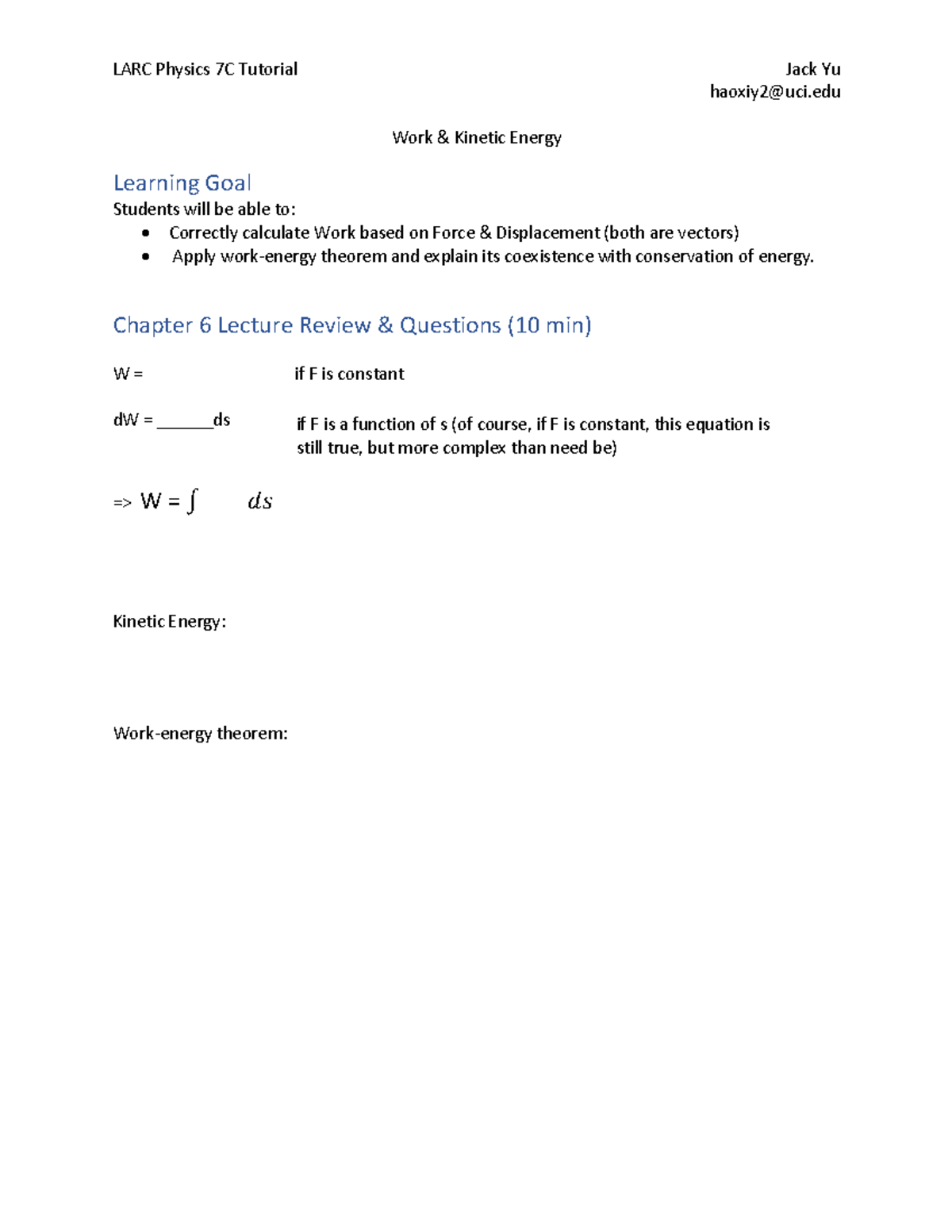 Chapter 6 worksheet - Work & Kinetic Energy - haoxiy2@uci Work ...