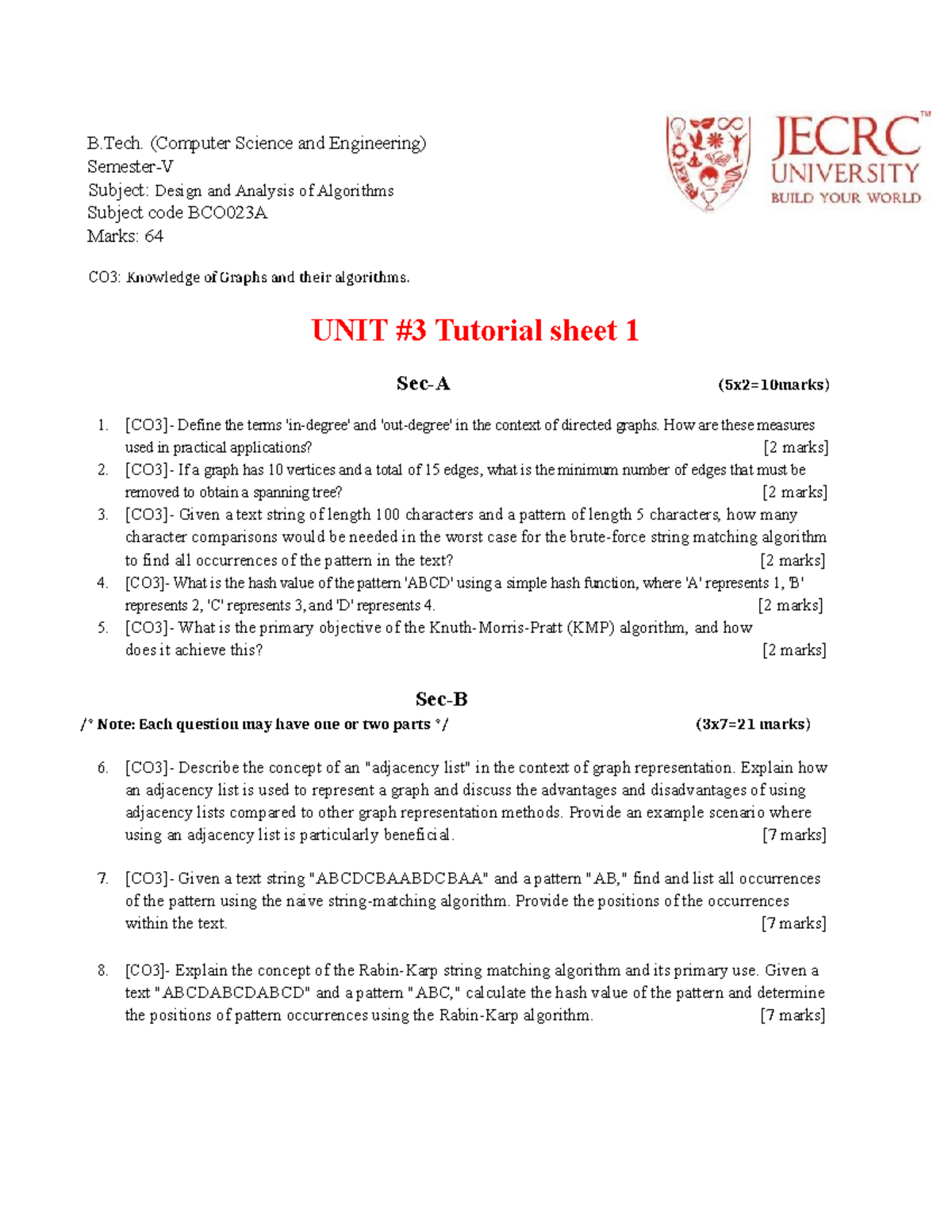 DAA Assignment Unit 3 tut 1 - B. (Computer Science and Engineering) Semester-V Subject: Design ...