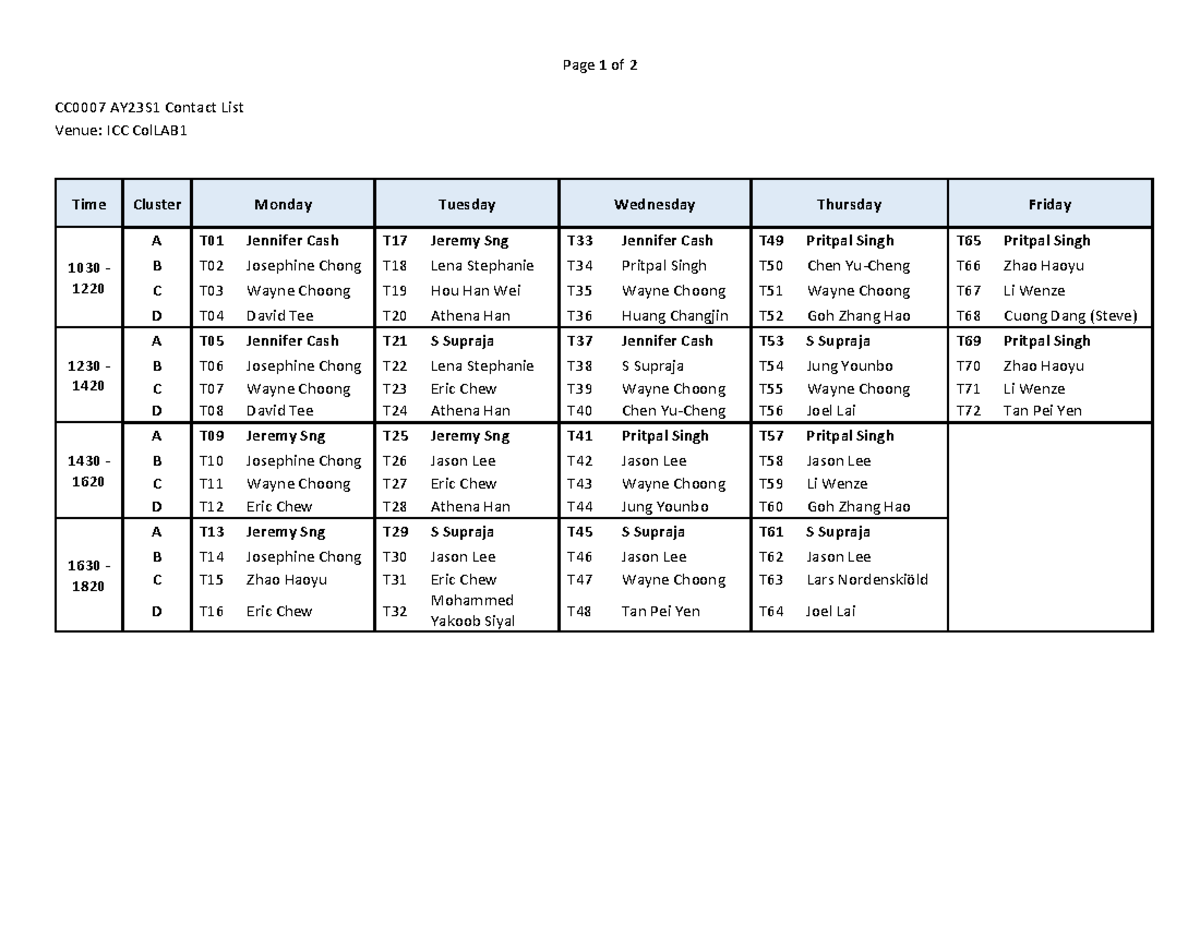 Instructor timetable and contact list - Page 1 of 2 CC0007 AY23S1 ...