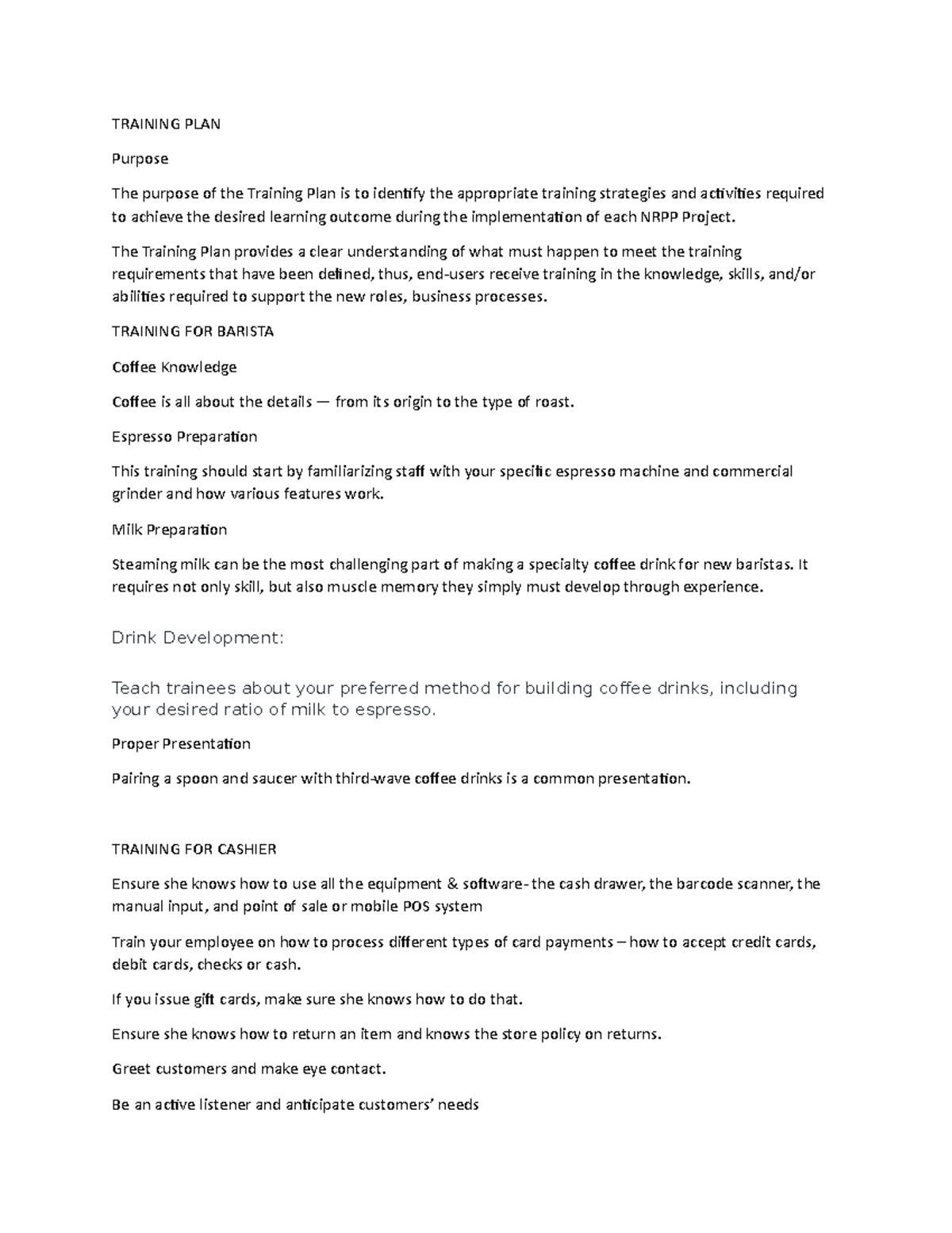 Training-plan - assignments about training plan - TRAINING PLAN Purpose ...