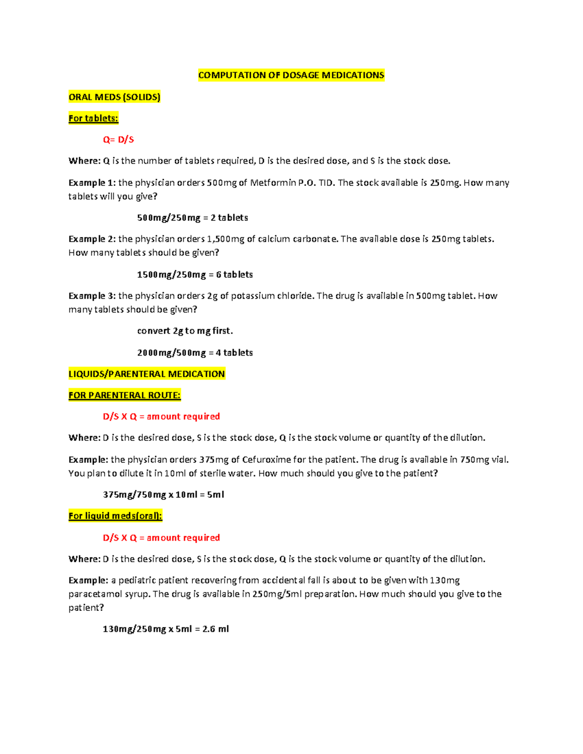 Computation OF Dosage Medications COMPUTATION OF DOSAGE MEDICATIONS
