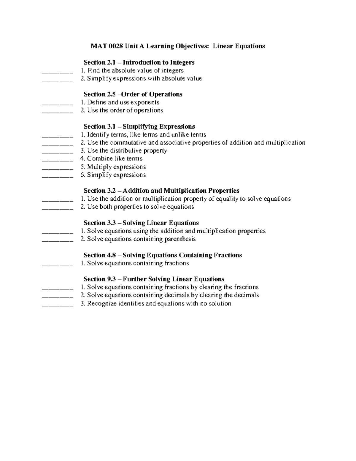 0028 Unit A Learning Objectives - MAT 0028 Unit A Learning Objectives ...