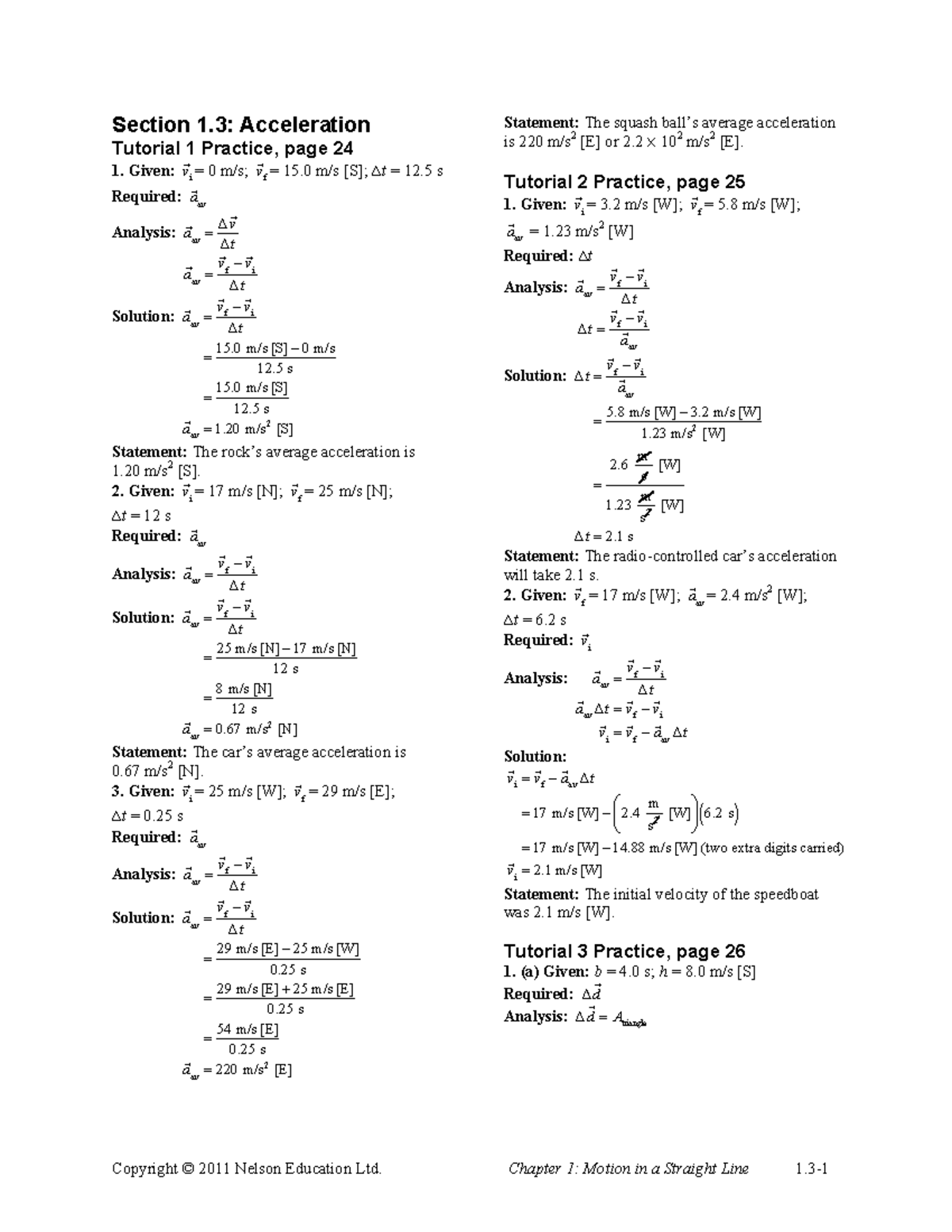 Phys11 sm 01 3 - Answers Chapter 1.3 - Section 1: Acceleration Tutorial 1 Practice, page 24 1 ...