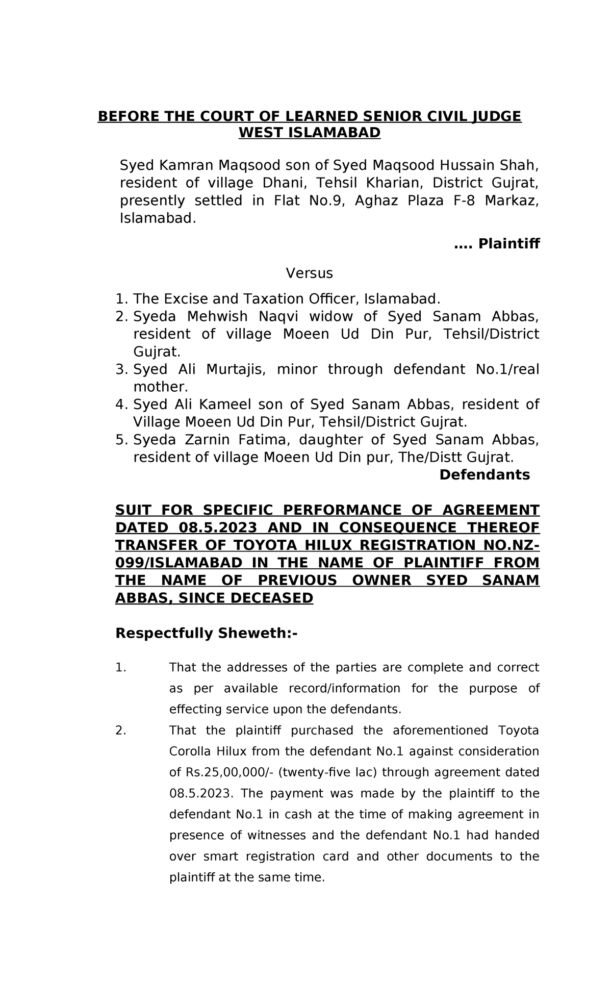 Syed Kamran Maqsood Specific Performance - WEST ISLAMABAD Syed Kamran Maqsood son of Syed ...