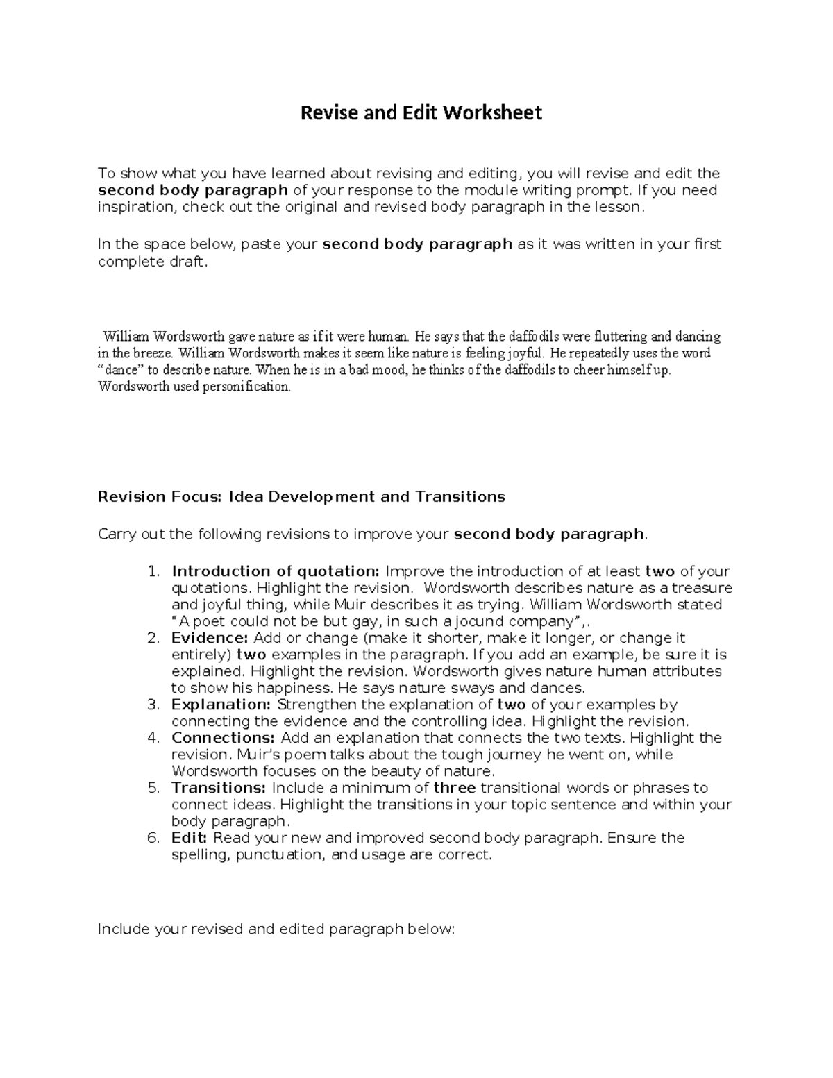 Revise and edit worksheet 04 09 - Revise and Edit Worksheet To show ...