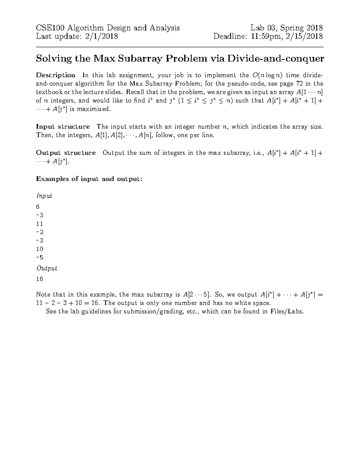 Lab03 - Professor Miguel A Carreira Perpnan Solving max sub array ...