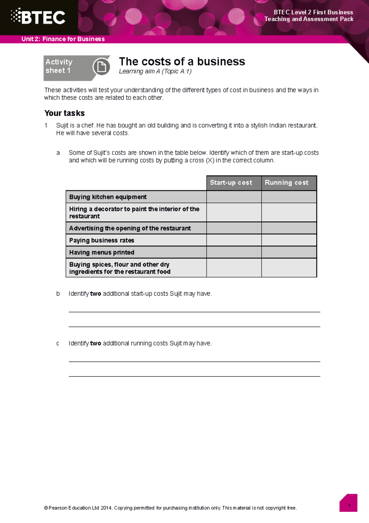 Costs of a business BTEC worksheet - The costs of a business Learning ...