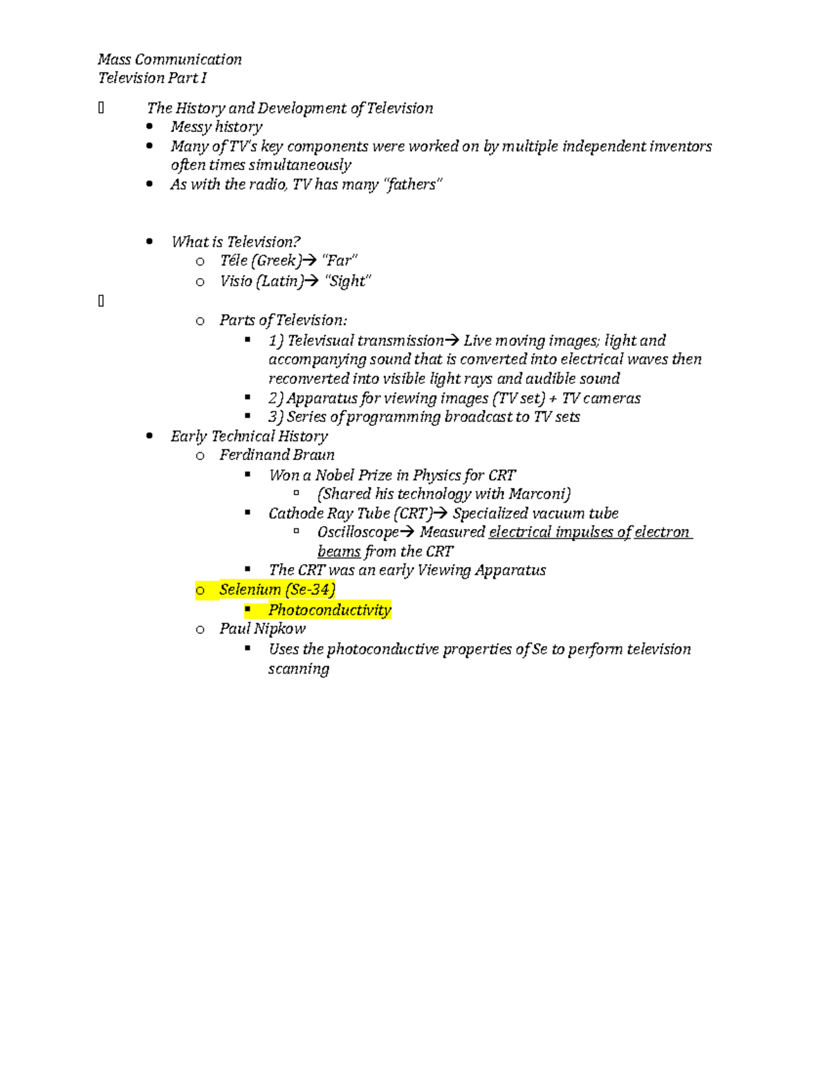 Television Part I - Nicholas Maradin Final Review by topic - Mass ...