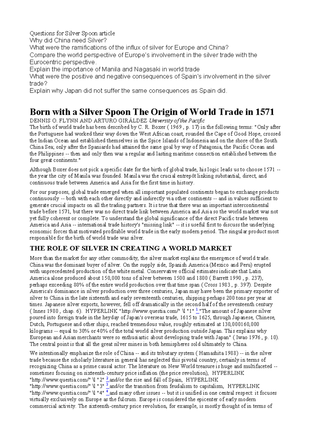 Born with a Silver Spoon The Origin of World Trade in 1571 - Questions ...