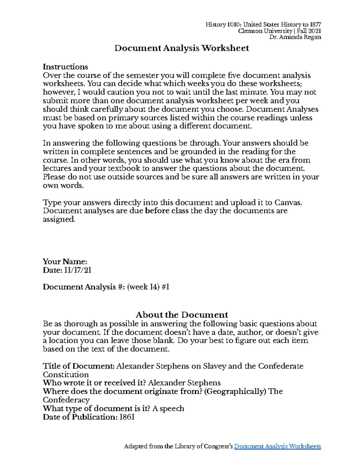 Document Analysis Worksheet (5) - History 1010: United States History ...