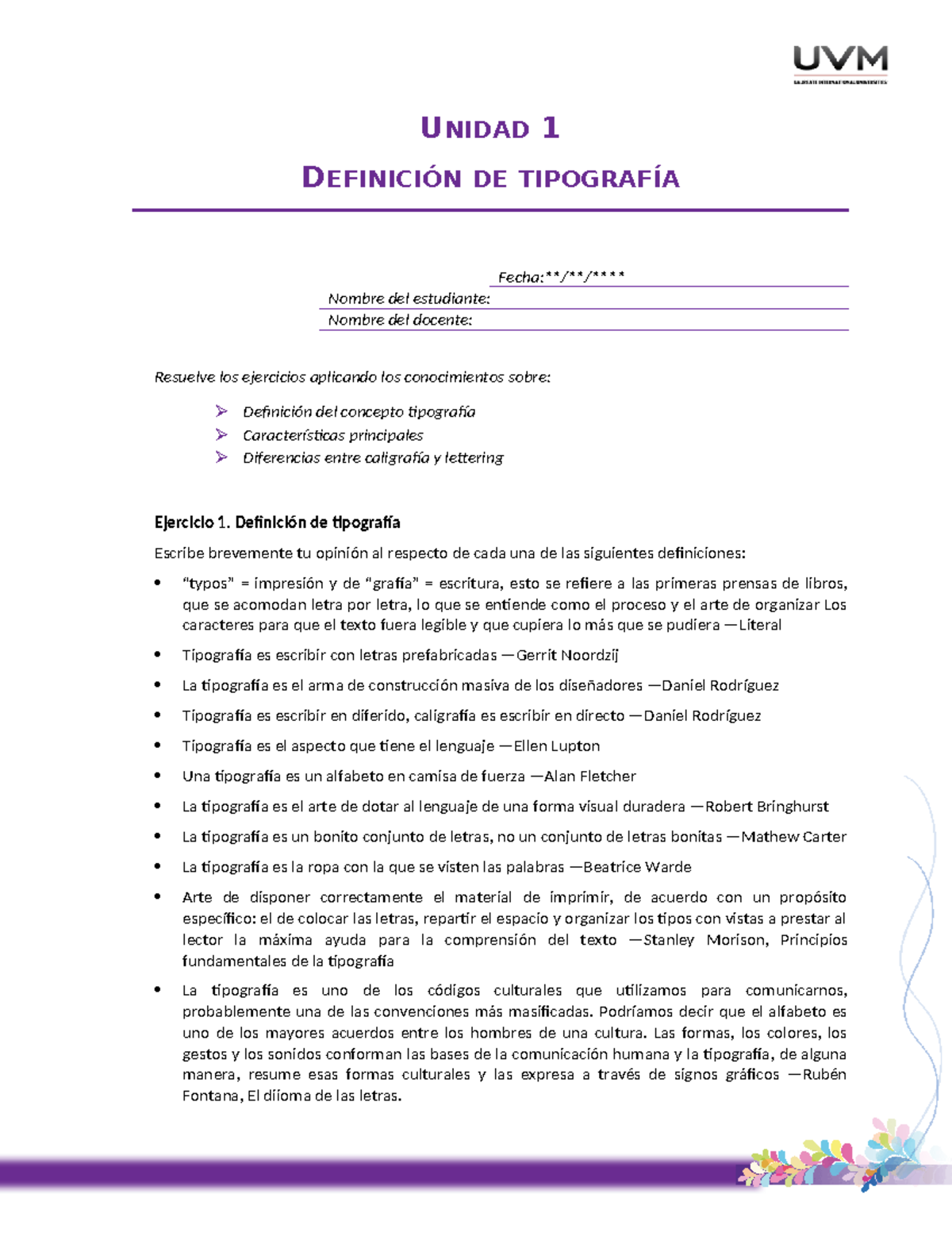 U1 Ejercicios - bbbbbbb - UNIDAD 1 DEFINICIÓN DE TIPOGRAFÍA Fecha ...