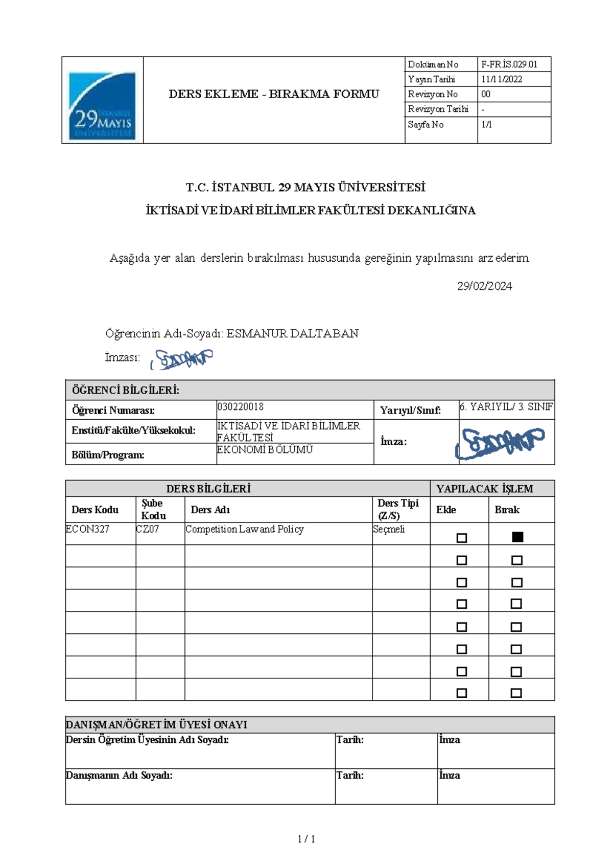 F-fr is 029 01 ders ekleme- birakma formu - DERS EKLEME - BIRAKMA FORMU Doküman No F-FR.İS ...