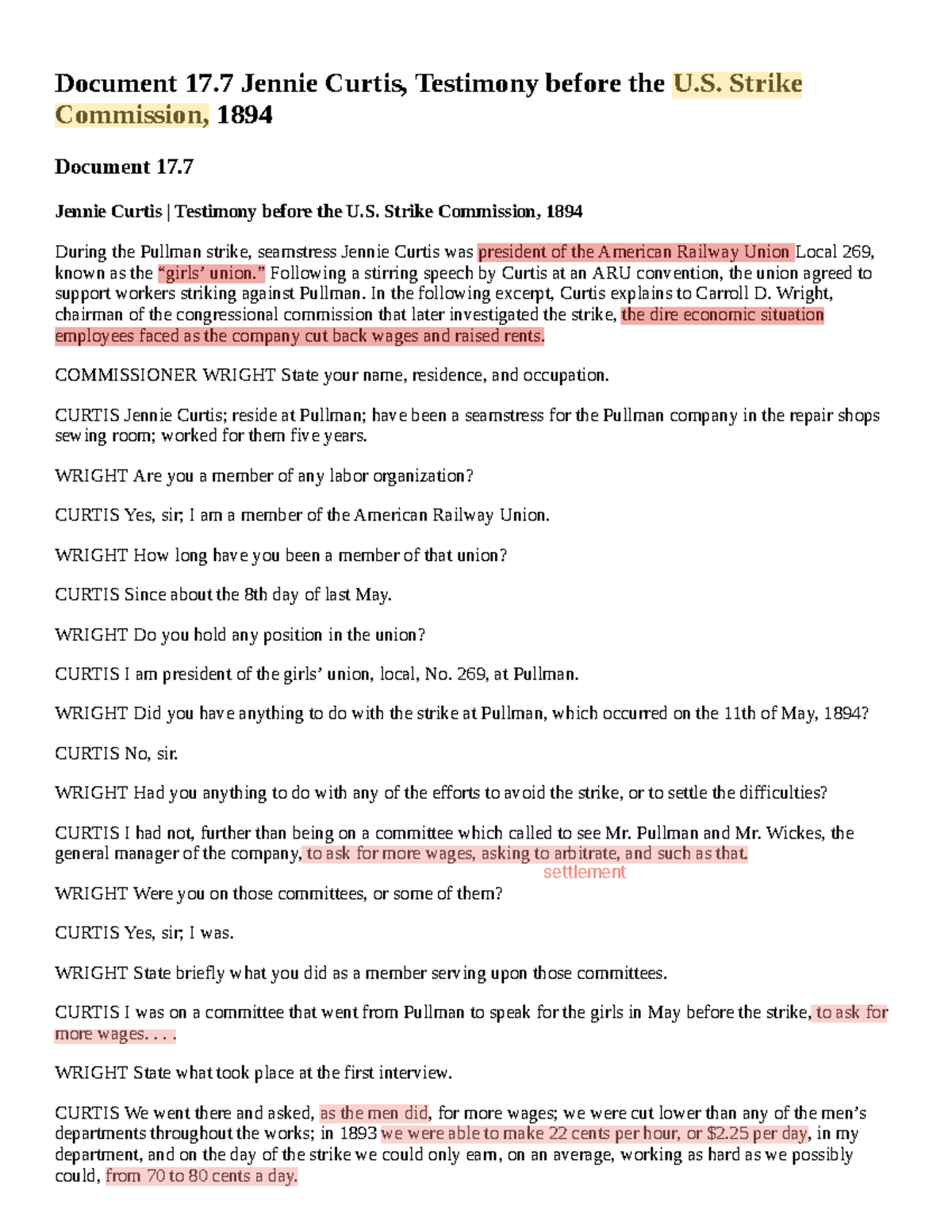 17. Document Project 17 The Pullman Strike of 1894 - Document 17 Jennie ...