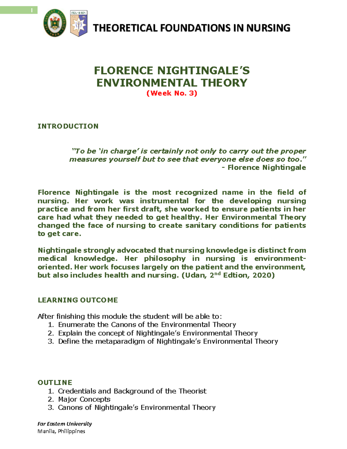 Florence Nightingale - Far Eastern University THEORETICAL FOUNDATIONS ...