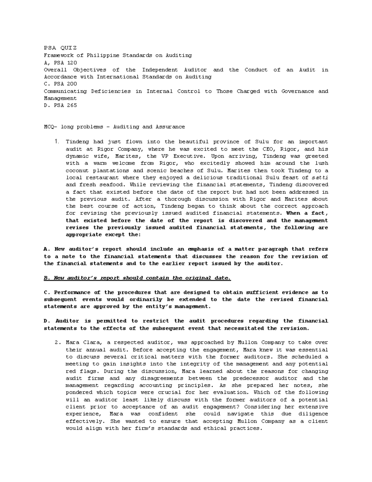 AUDITING AND ASSURANCE - PSA QUIZ Framework of Philippine Standards on ...