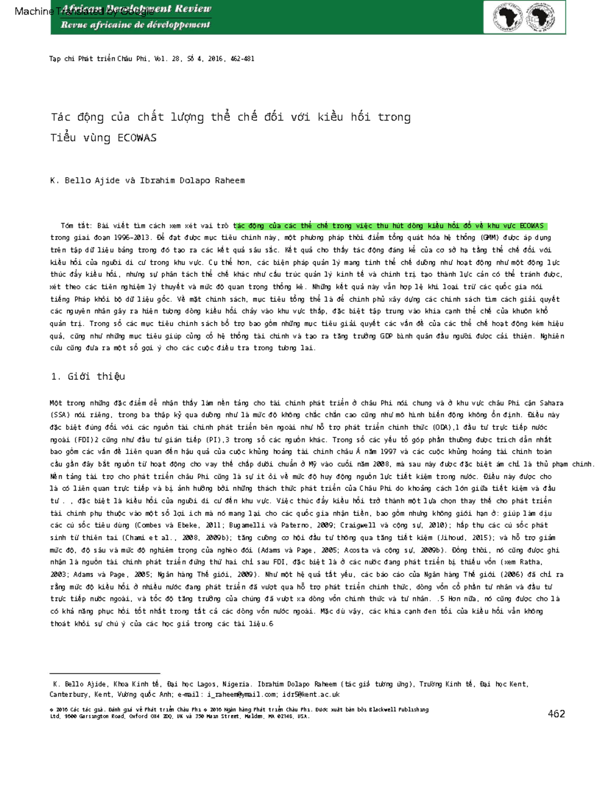Ajide 2016 - sdgfrgjyu - Tác động của chất lượng thể chế đối với kiều ...