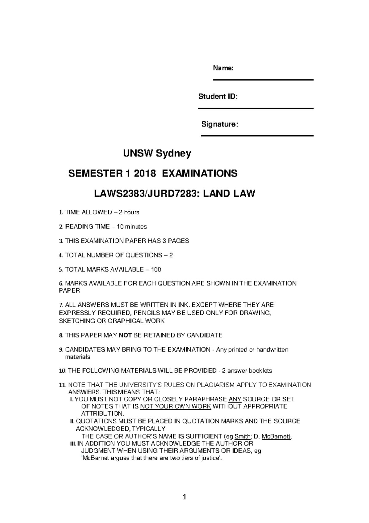 Sample/practice exam 2020, questions - 1 Name: Student ID: Signature ...