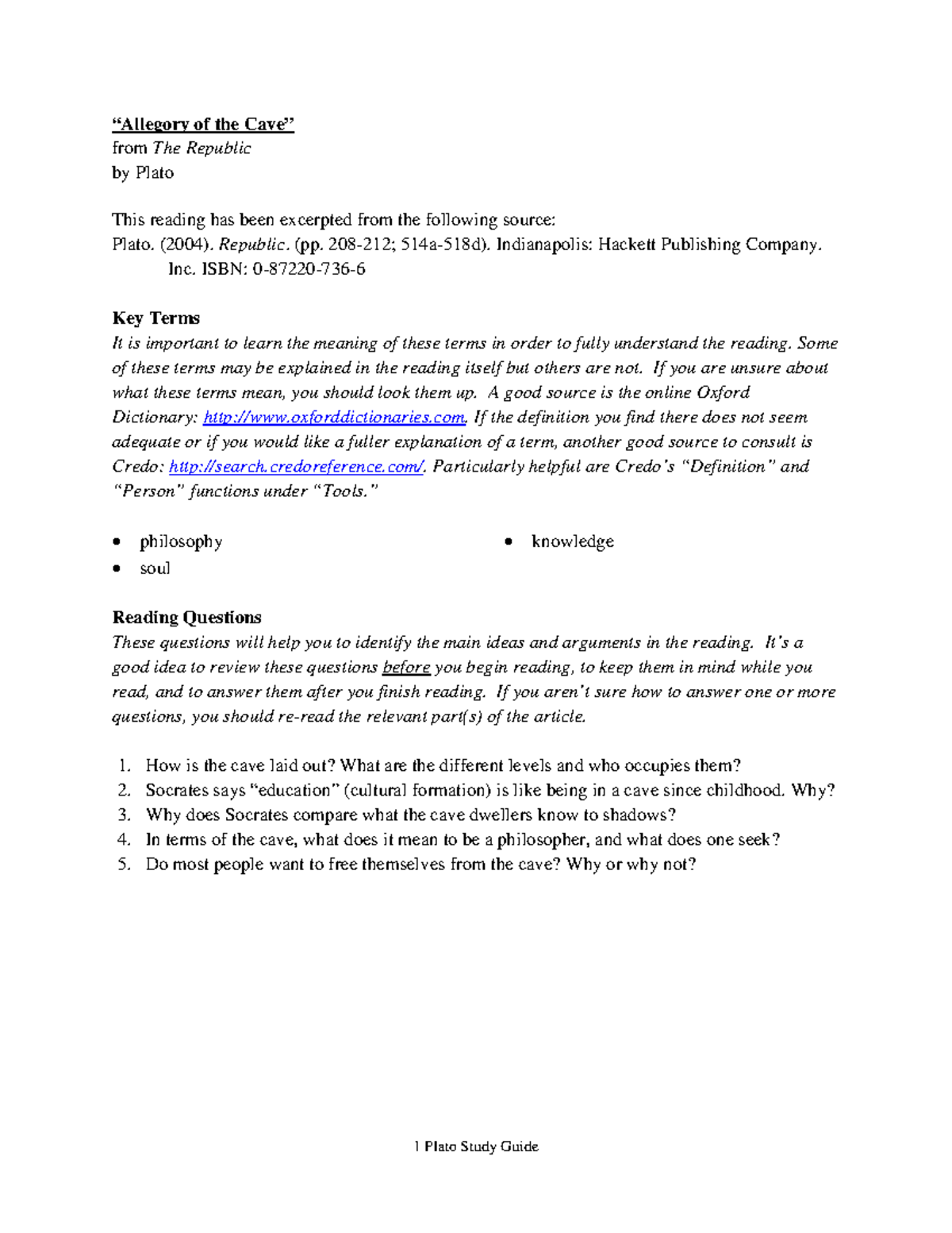 Allegory of the Cave (Study Guide) - 1 Plato Study Guide “Allegory of ...