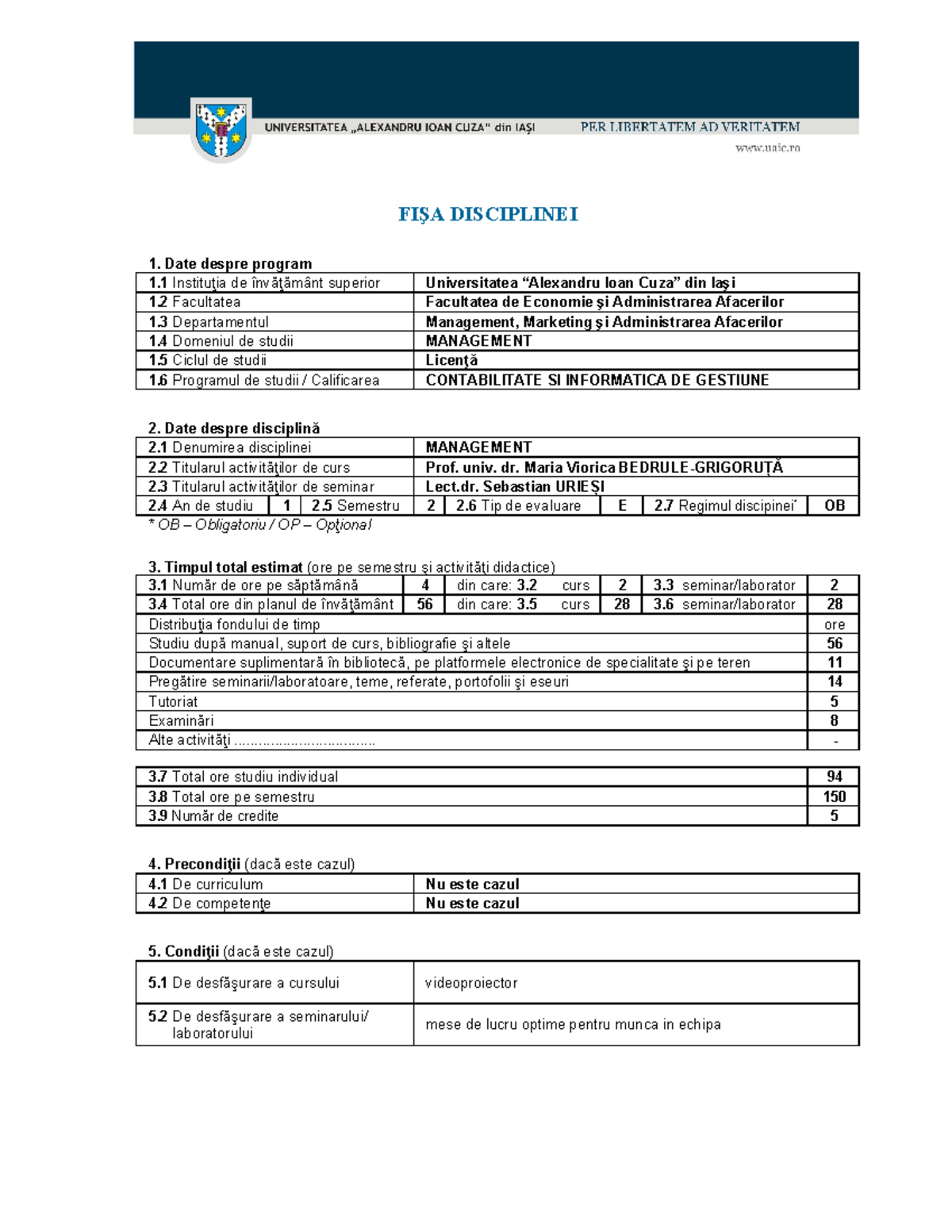 FISA- Disciplinei Management-an I-CIG-IF-2023-2024 - FIŞA DISCIPLINEI ...