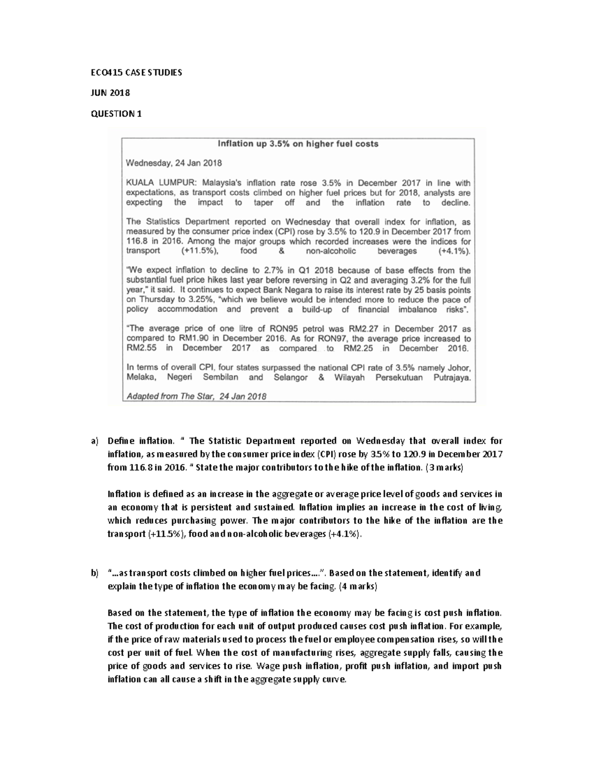 ECO CASE Studies - ECO415 CASE STUDIES JUN 2018 QUESTION 1 a) Define ...