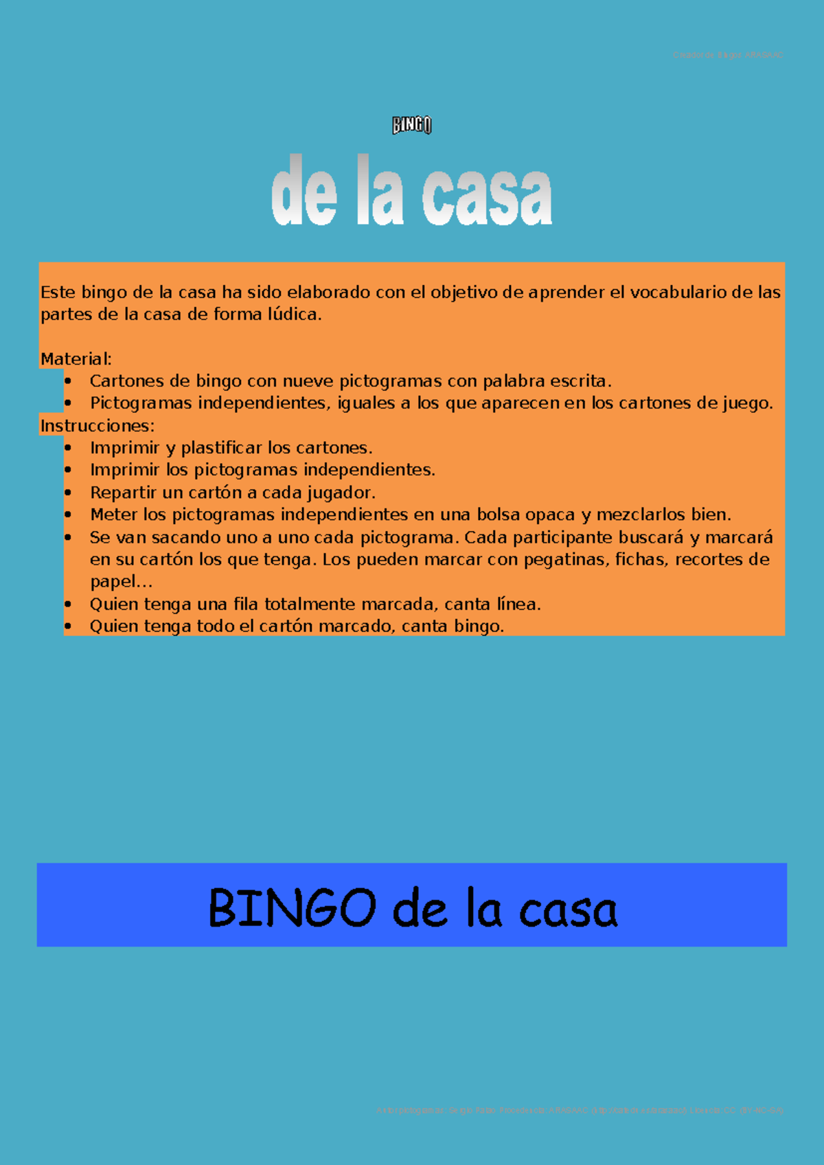 Bingo de la casa - Material: Cartones de bingo con nueve pictogramas ...